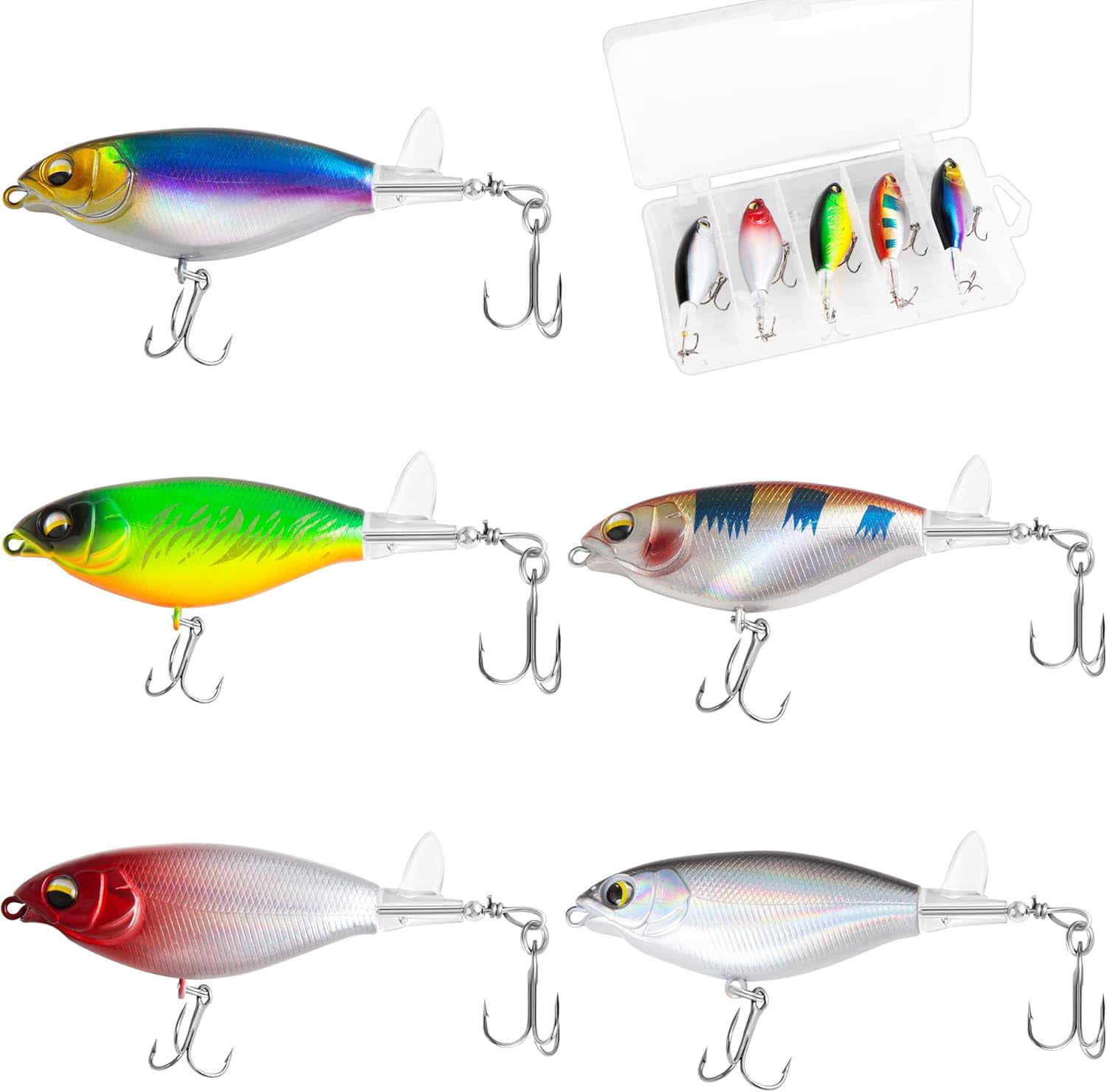 5Pcs Topwater Fishing Lures with Bait Box, Whopper Popper with Rotating ...