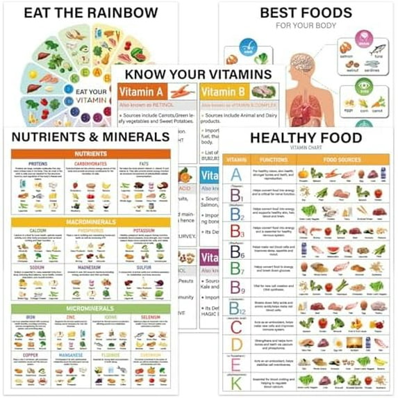 5Pcs Vitamin and Mineral Chart Nutritional Food Abstract Chart for Classroom Vitamin Laminated ...