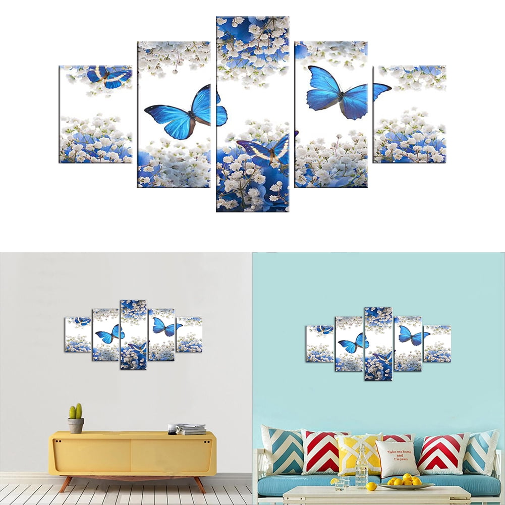 5Pcs Wall Blue Butterfly Art Canvas Picture Home Decor Modern Abstract ...