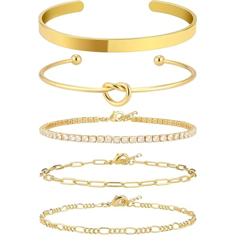 5Pcs Women's Gold Bracelet Collection Hypoallergenic Adjustable Luxury Tennis Paperclip Link ...