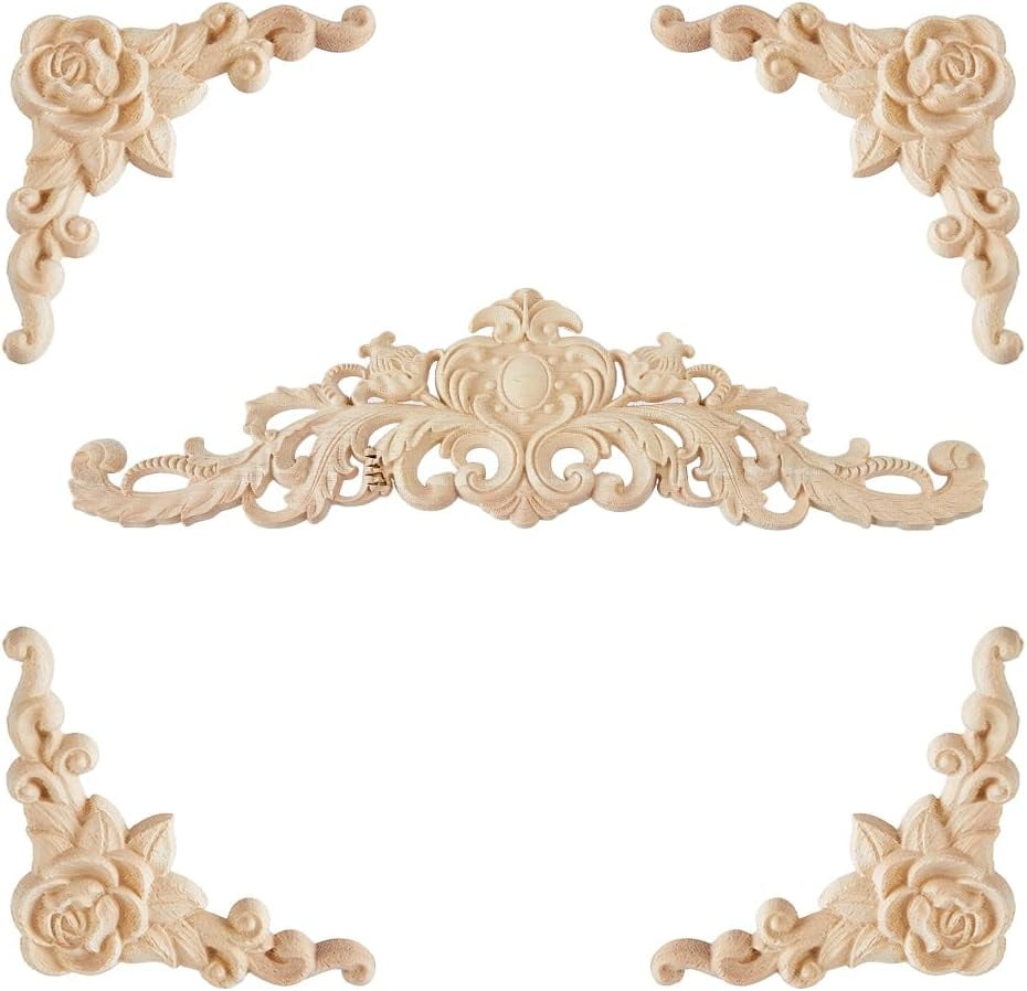 5Pcs Wood Carved Onlay Appliques Flower Long Wood Applique Unpainted ...