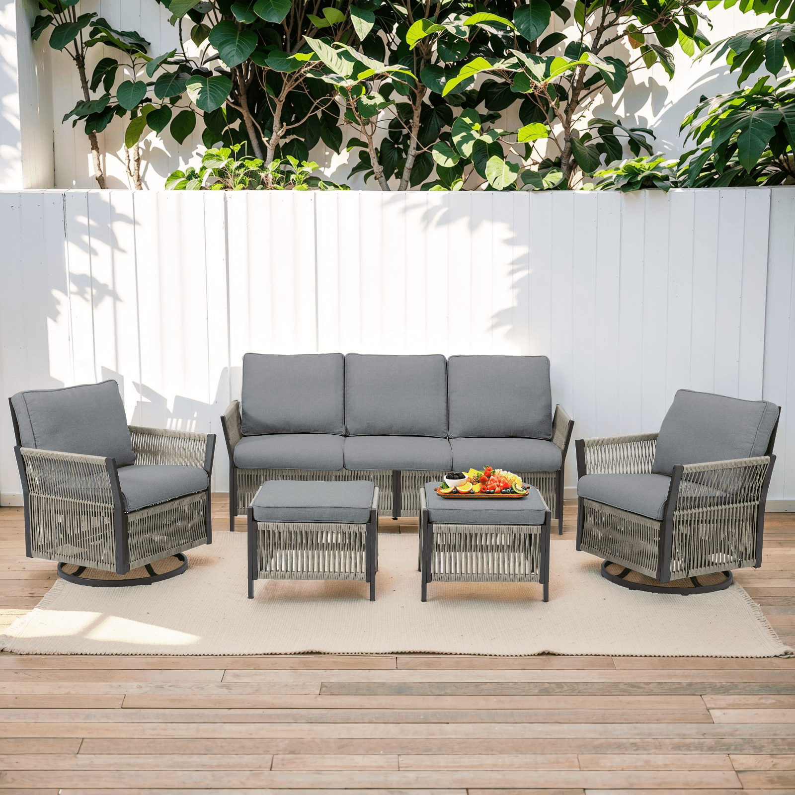 5Piece Patio Furniture Set, Rattan Wicker Conversation Set with Swivel ...