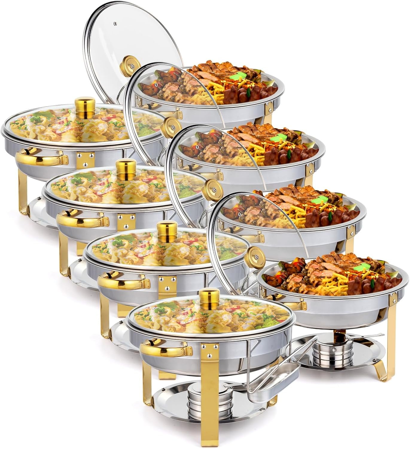 5QT 2 Packs Chafing Dish Buffet Set Gold Accent, NSF Round Stainless Steel Buffet Warmer Chafers ...