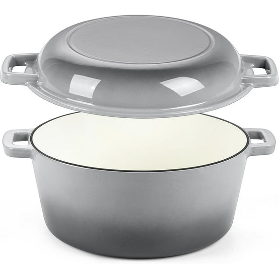 5Qt Dutch Oven Pot for Bread Baking (Gray), 2 In 1 Round Cast Iron ...
