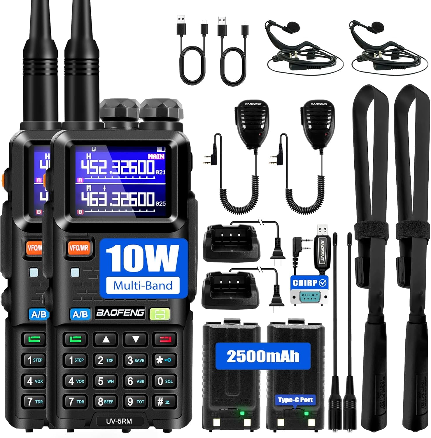 5RM Ham Radio 10W Long Range Handheld NOAA Weather Receiver 2500mAh ...