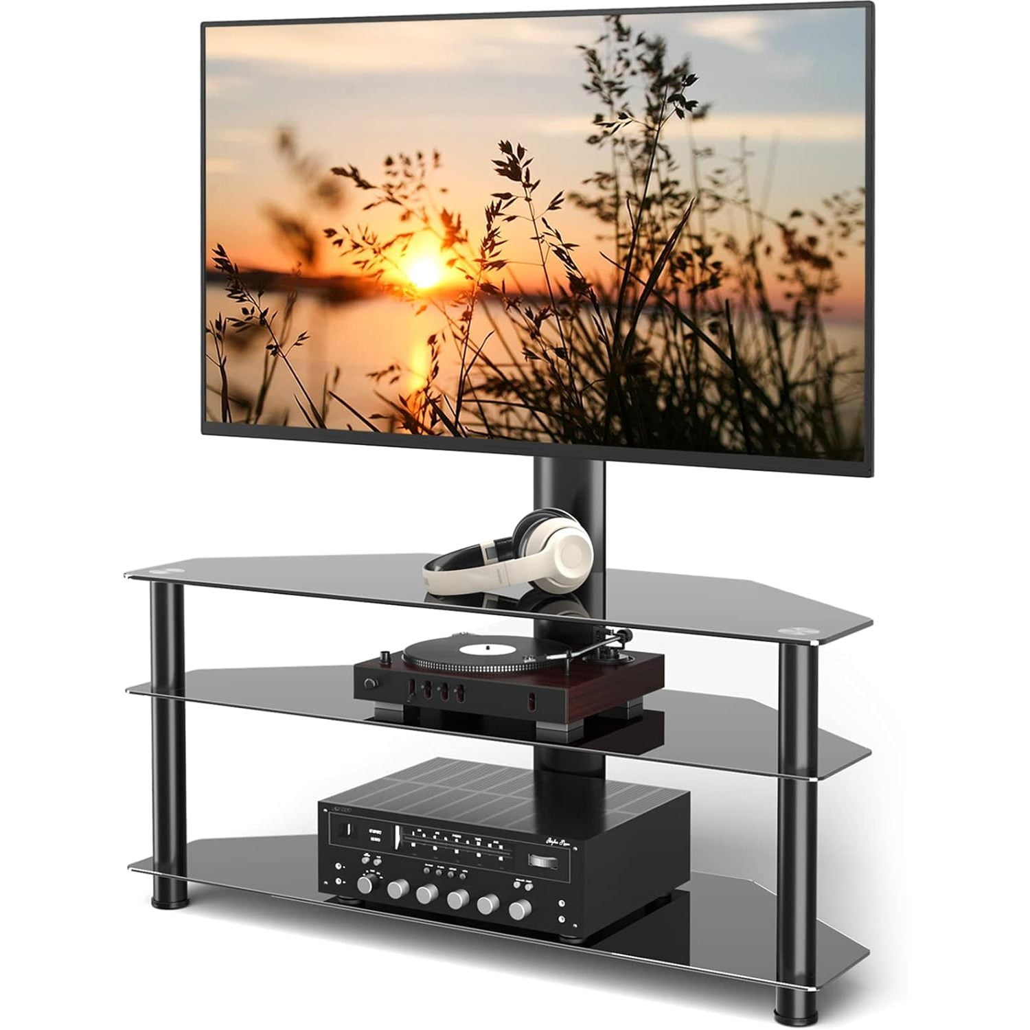 5Rcom Corner TV Stand，TV Stand with Mount with 3 Tier Tempered Glass ...