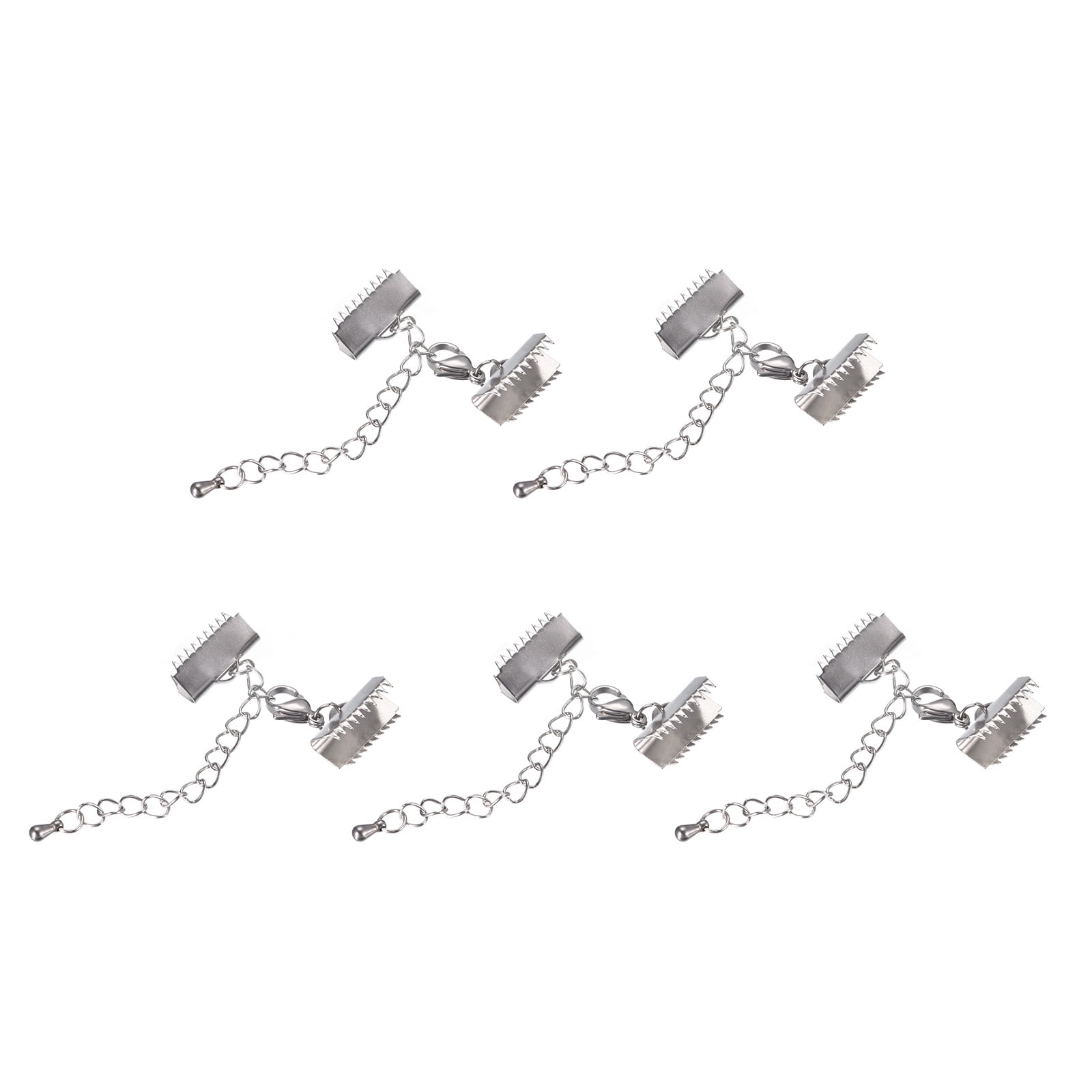 5Sets Ribbon Crimp Clamp Ends Lobster Claw Clasps & Chain 15mm Silver ...