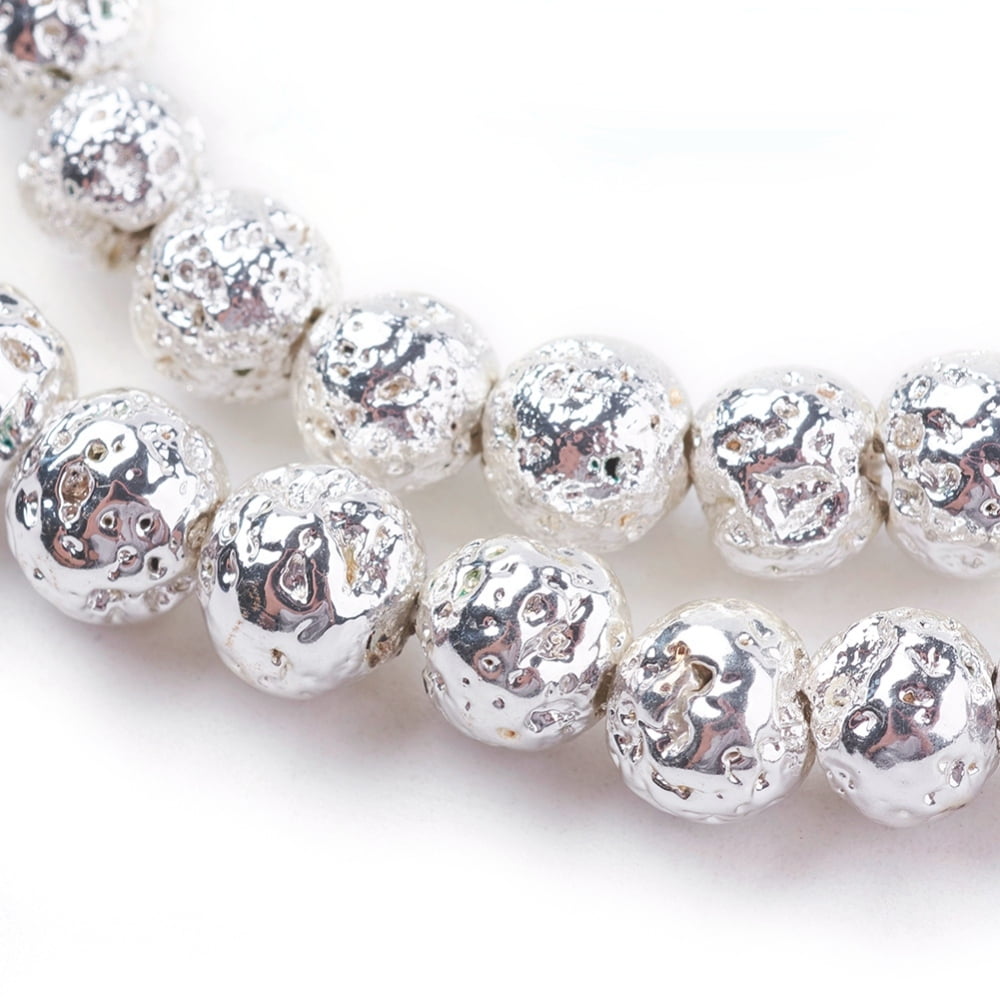 5Strand Electroplated Natural Lava Rock Bead Strands Round Bumpy Silver ...