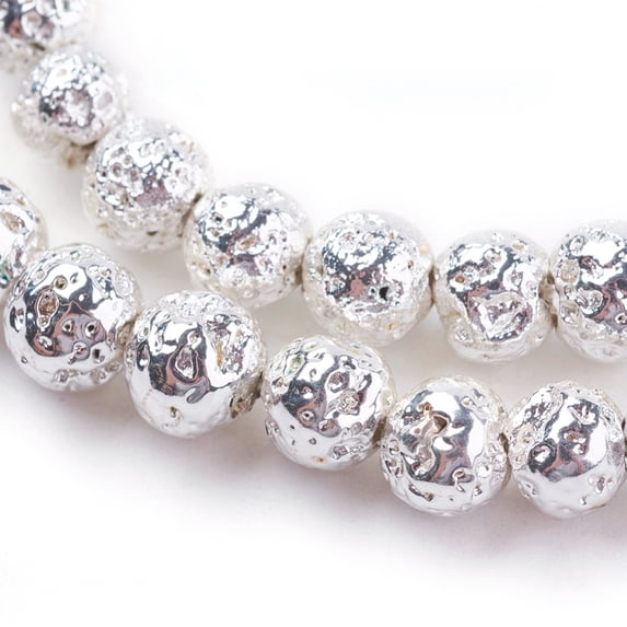 5Strand Electroplated Natural Lava Rock Bead Strands Round Bumpy Silver ...