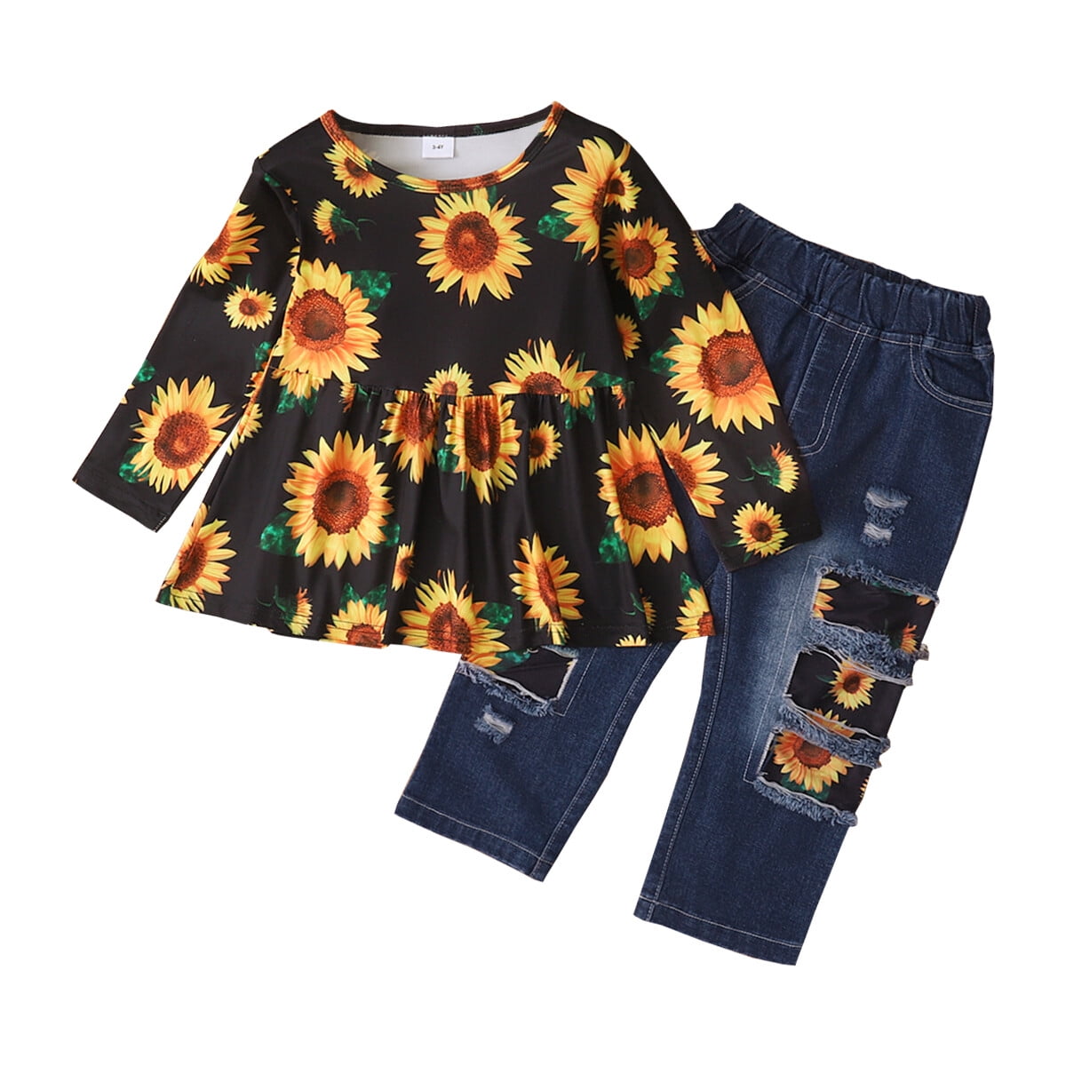 Toddler Girl's 5T Outfit - Long Sleeve Sunflower Top with Jeans Pants ...