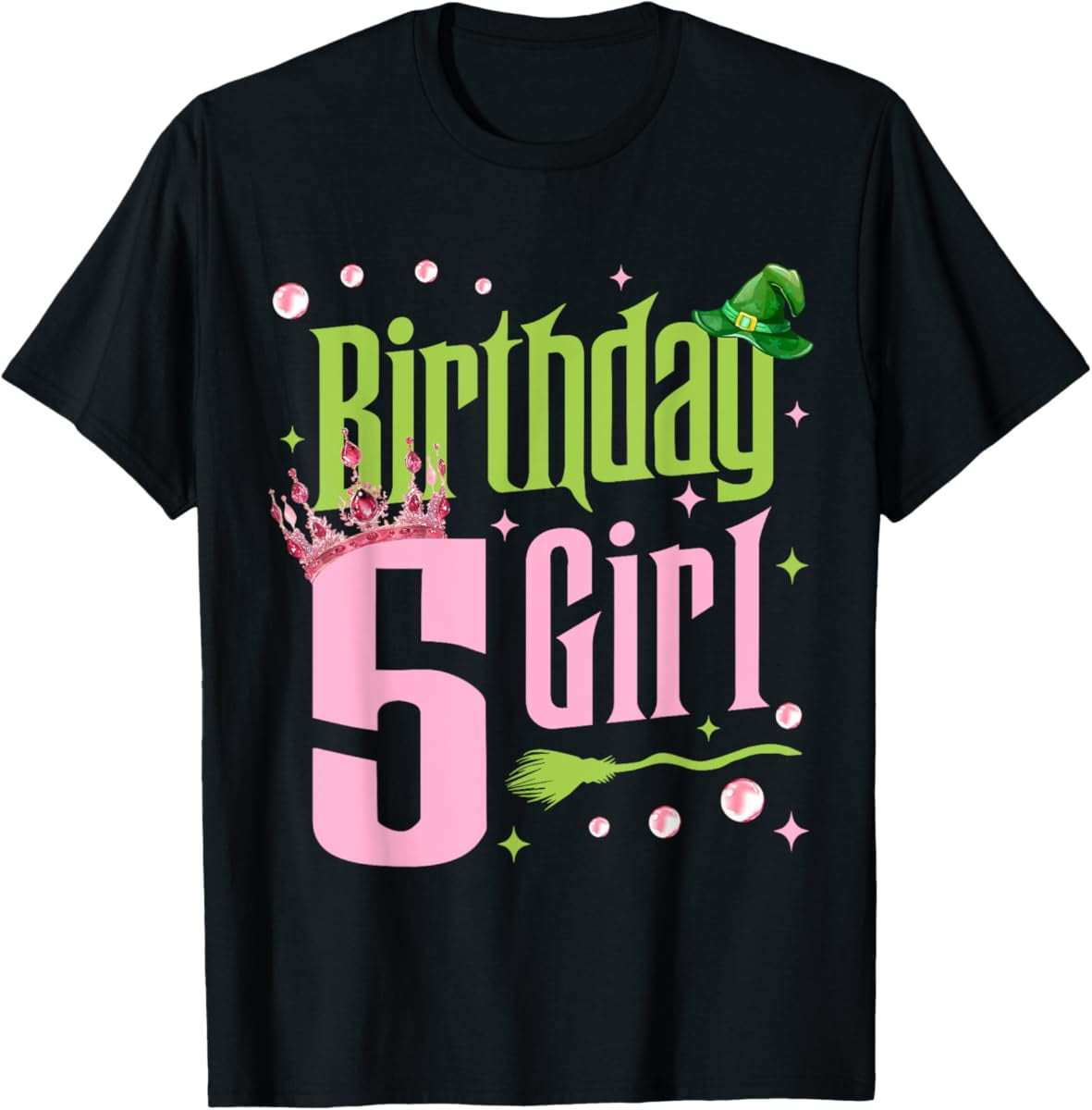 5Th Birthday Witch Pink And Green 5 Year Old Birthday Unisex T-Shirt S ...