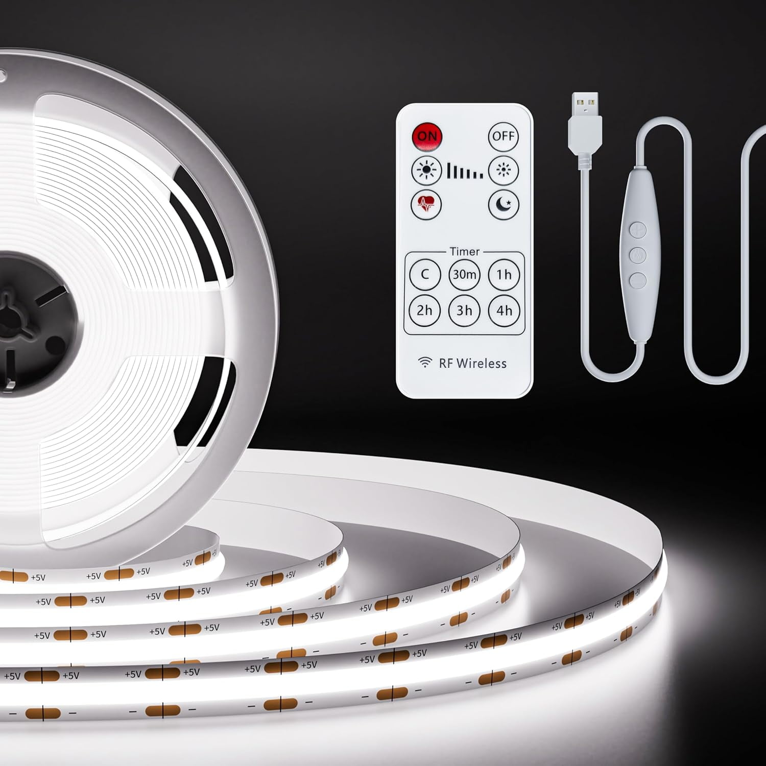 5V COB Strip Light 6.56ft/2m 1200lm, Dimmable 640LEDs 6000K Daylight ...