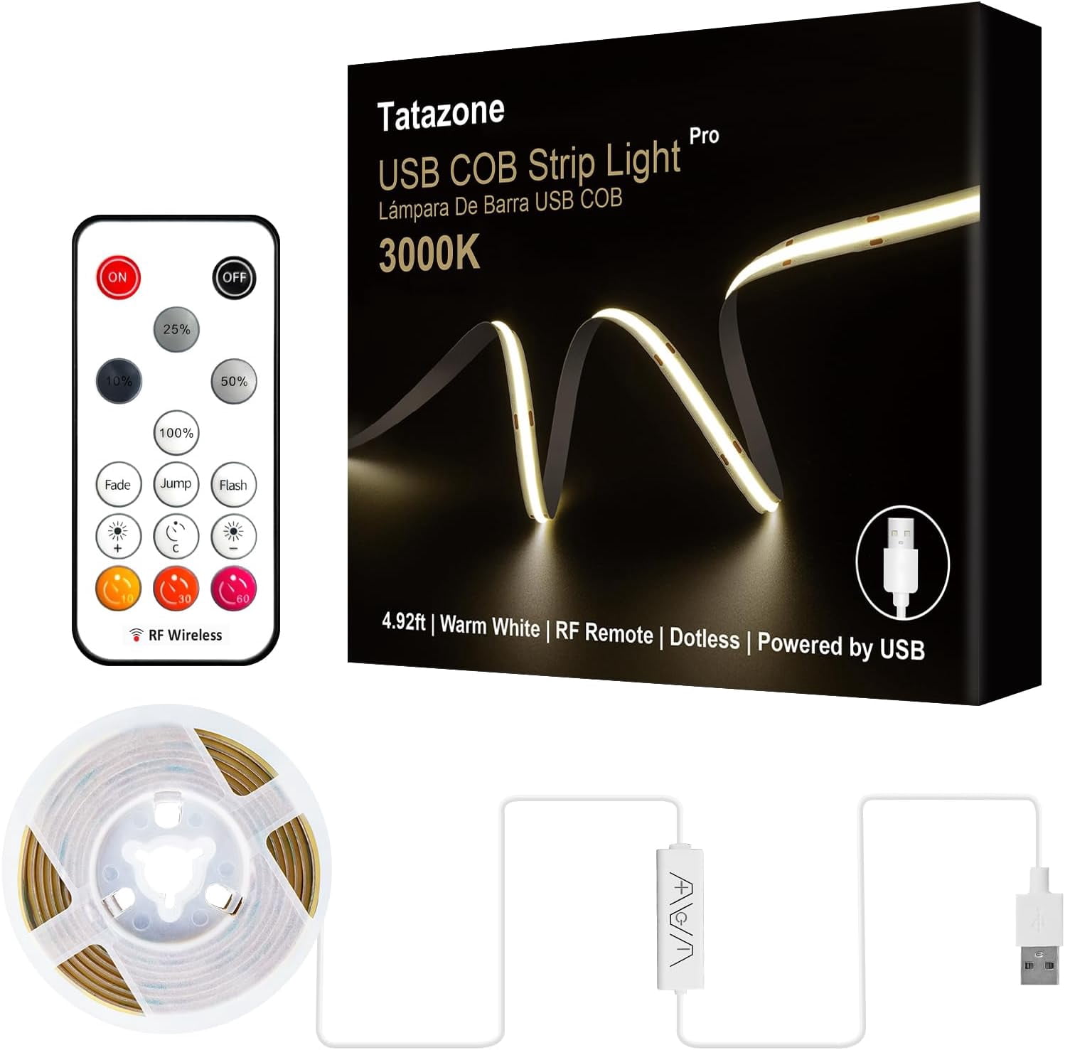 5V USB COB Led Strip Light with RF Remote, 4.92ft 3000K Dimmable USB ...