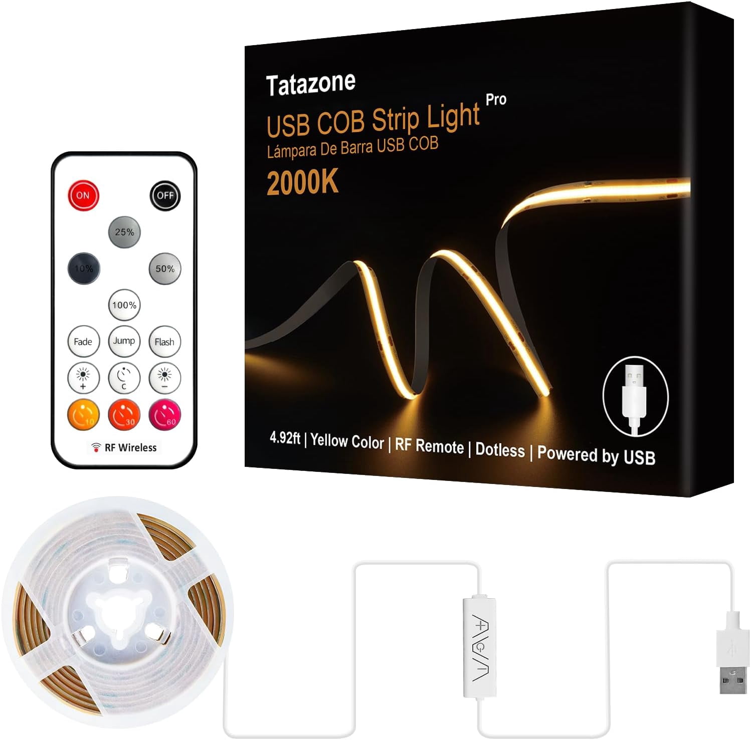 5V Yellow USB COB Led Strip Light with RF Remote, 4.92ft 2000K Dimmable ...