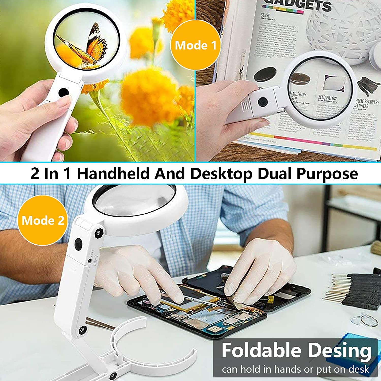 5X 11X Magnifying Glass with Light and Stand, Foldable Handheld ...