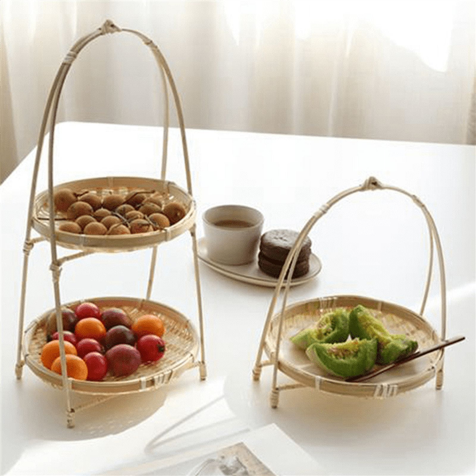 5X Bamboo Weaving Straw Baskets Tier Rack Wicker Fruit Food Storage ...