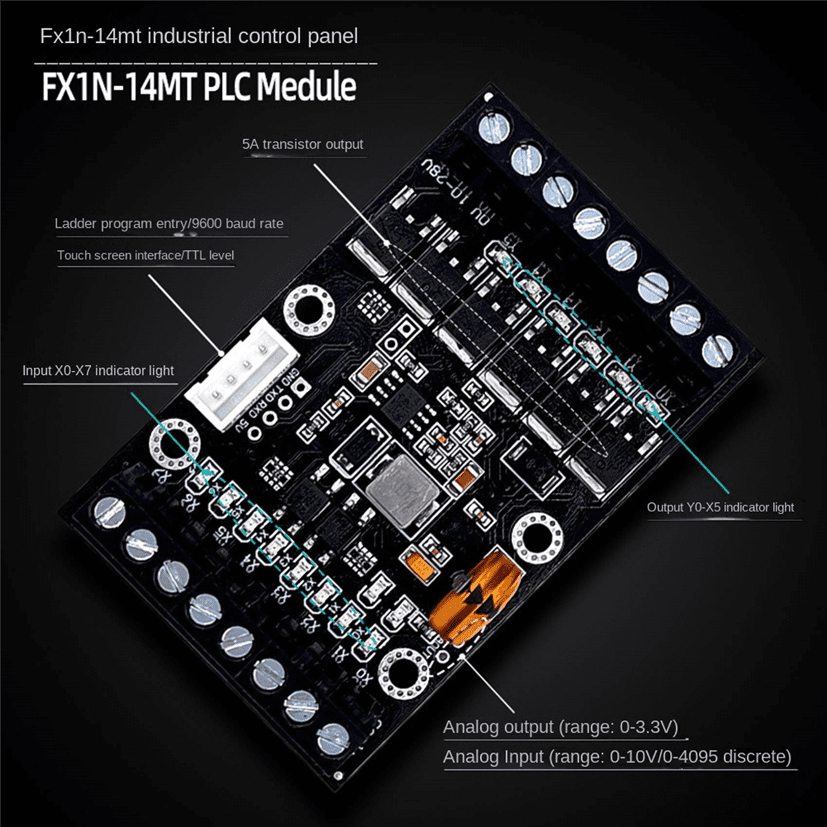 5X FX1N-14MT PLC Industrial Control Board+Case PLC Module Analog Input / Output with Guide Rail ...