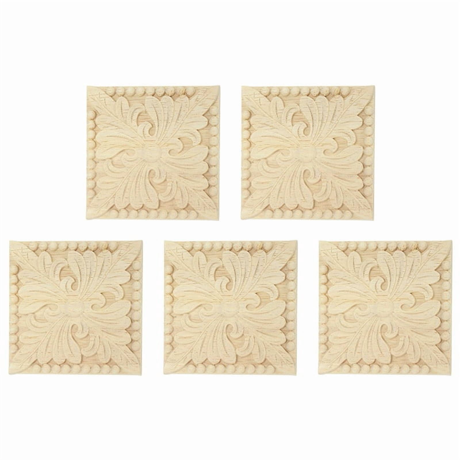 5X Natural Wood Appliques Square Flower Carving Decals Decorative ...