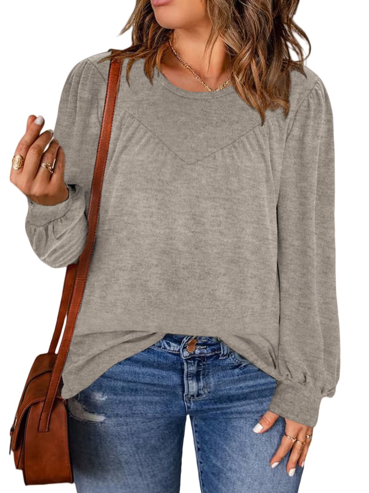 5X Womens Tops Plus Size 2024 Chic Crew Neck Pullover Cute Solid Color ...