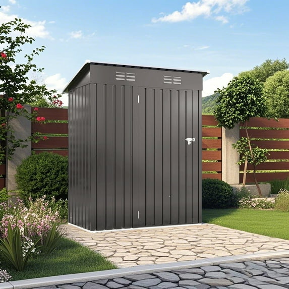 5X3 FT Metal Outdoor Storage Shed, Tool Shed with Pitched Roof and Lockable Door Compact Metal ...