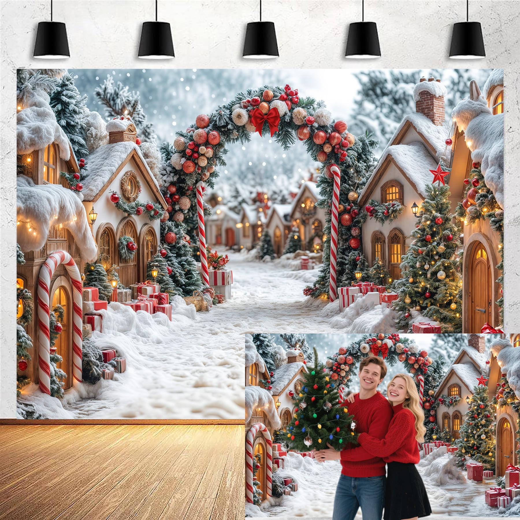 5X3FT Christmas Village Backdrop, Winter Snowy Gingerbread House Sweet Candy Cane Photography ...