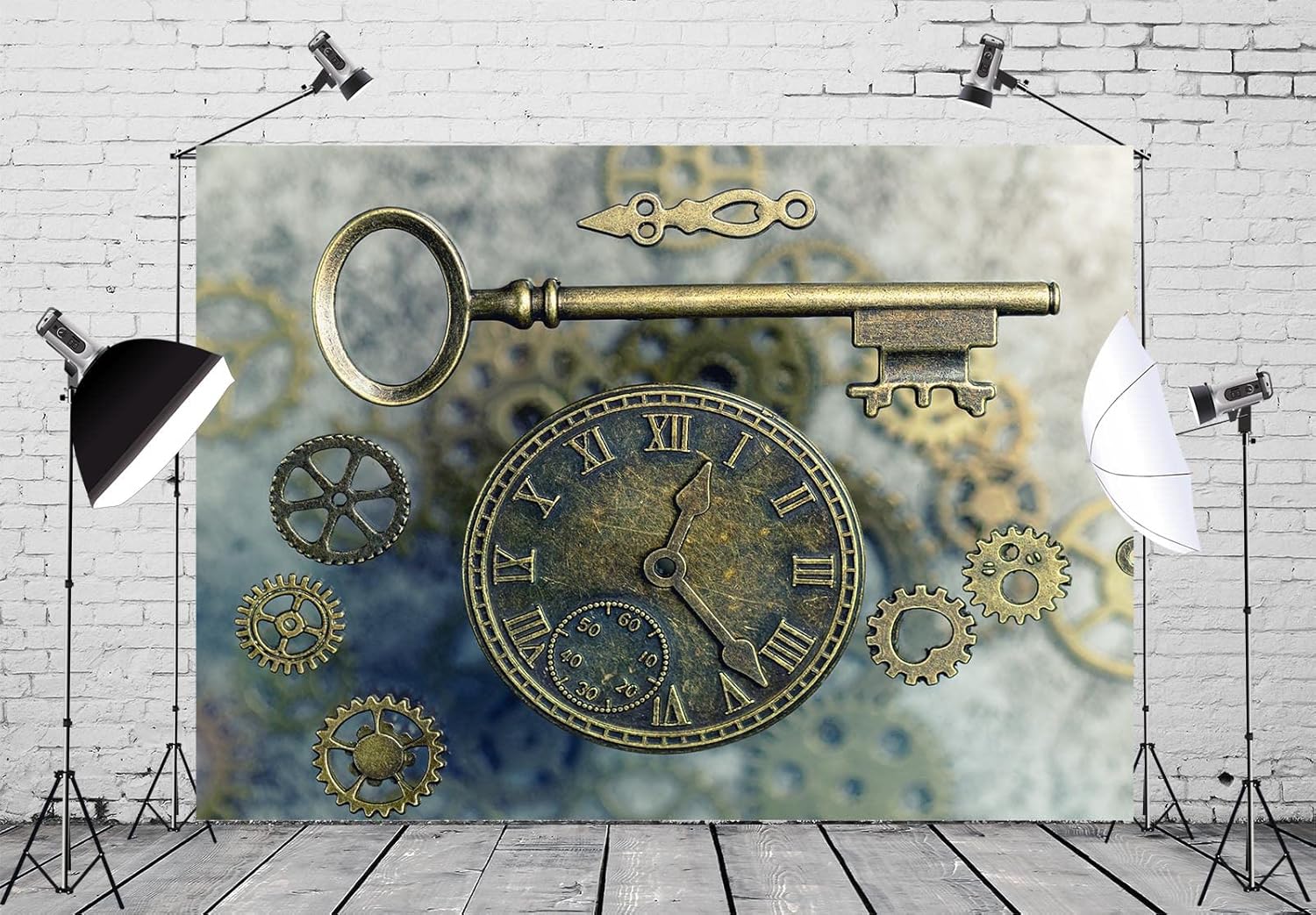 5X3Ft Fabric Vintage Steampunk Backdrop Vintage Clock Key Gears Cogs ...