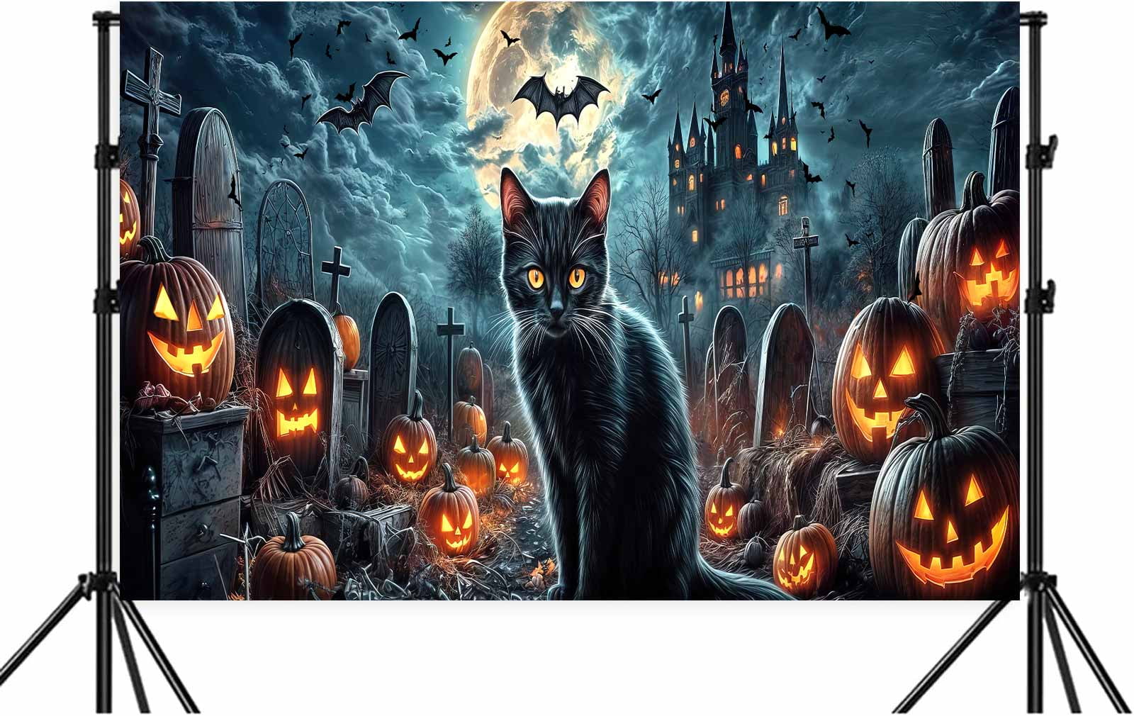 5X3ft Halloween Black Cat Photo Background Full Moon Scary Night Castle ...