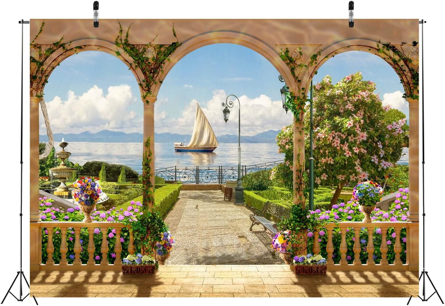 5X4Ft Fabric Retro Garden Terrace Backdrop Flowers Trees Garden Park ...