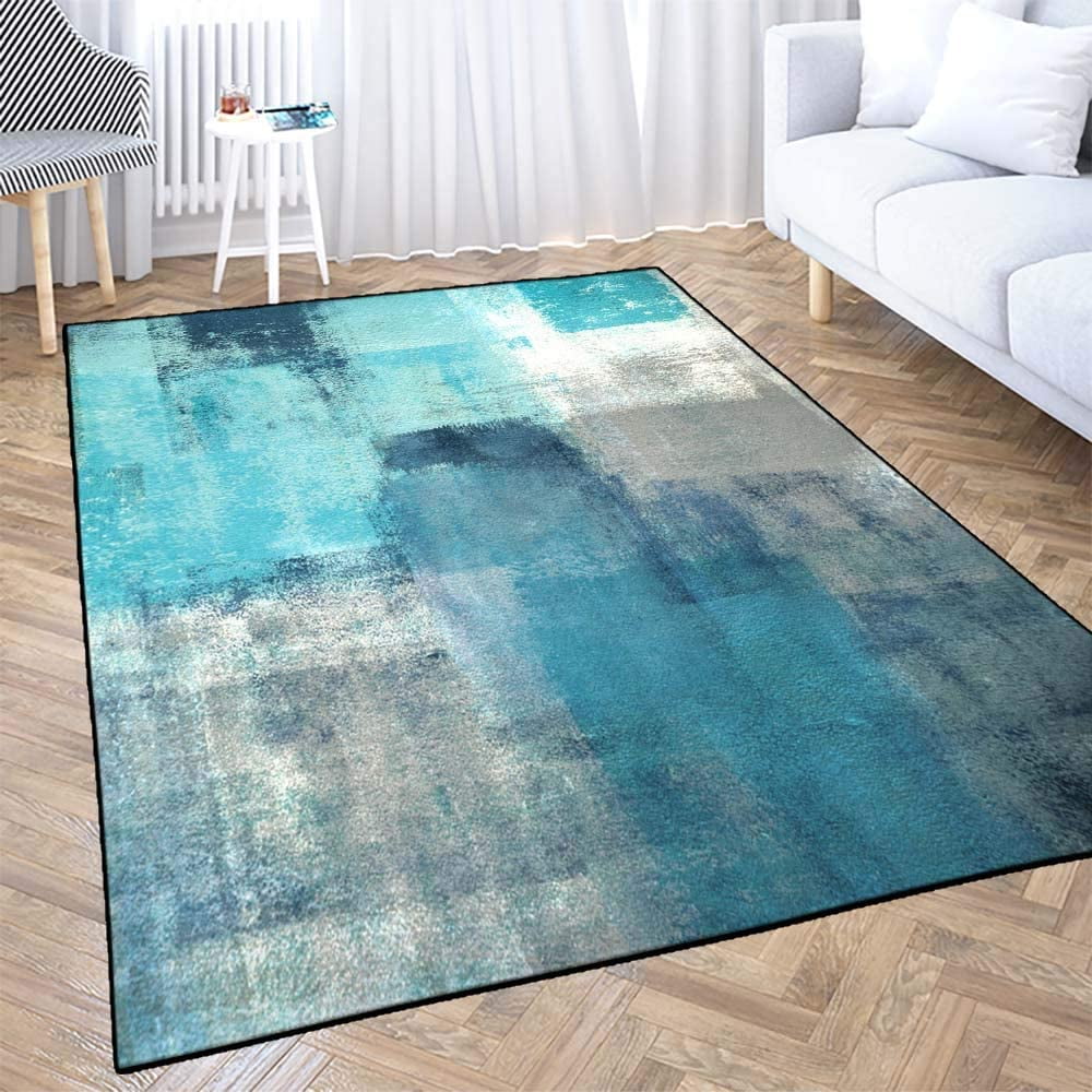 5X7 Area Rug, Blue Abstract Modern Play Area Rug Turquoise Art Painting ...