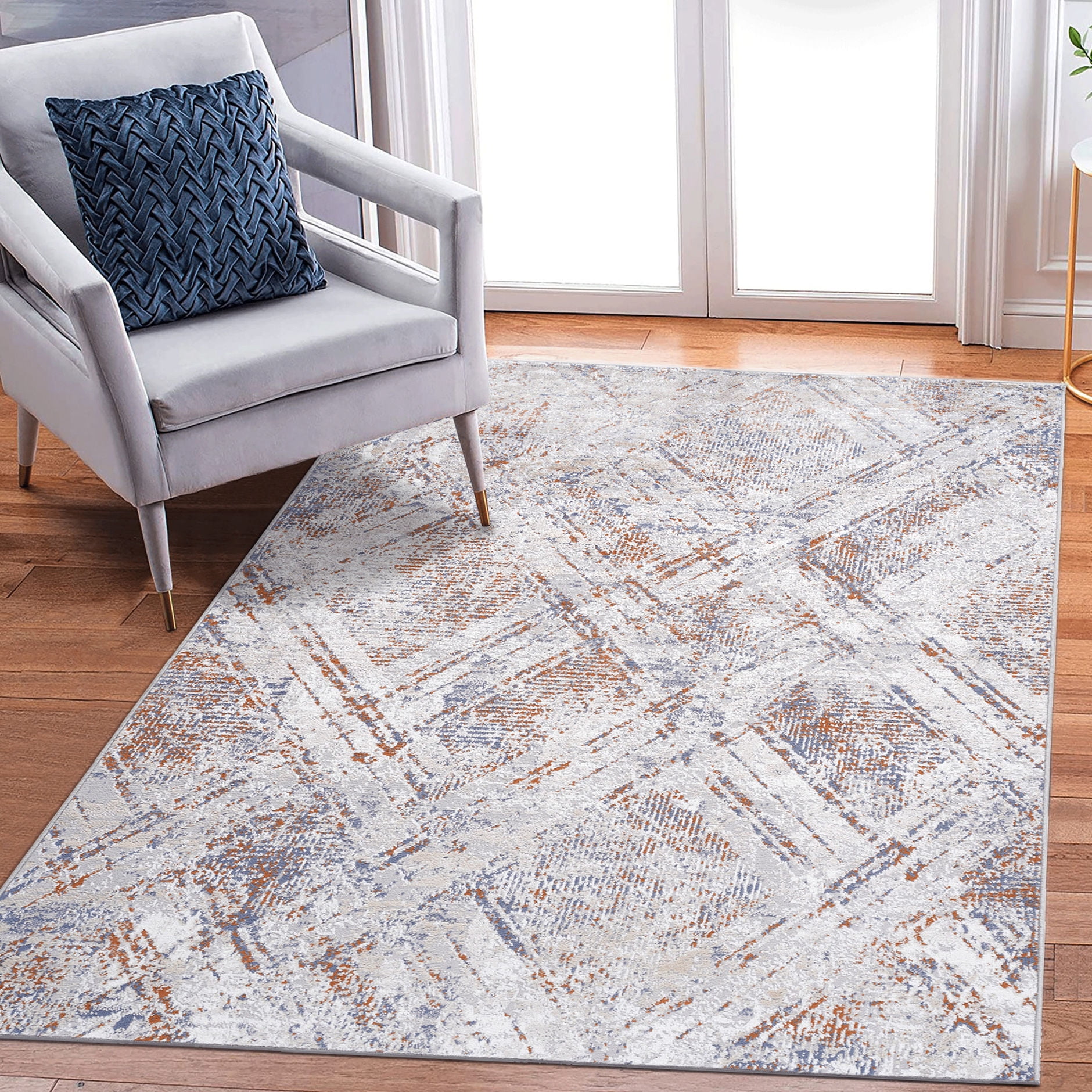 5X7 Beige Geometric Non-Shedding Stain-Resistant Rug Ideal for Entryway ...