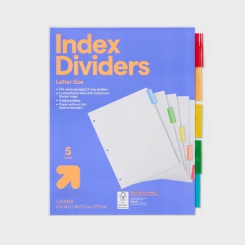 5ct Letter Index Dividers 3 Hole Punched Binder Accessories, White, 11 ...