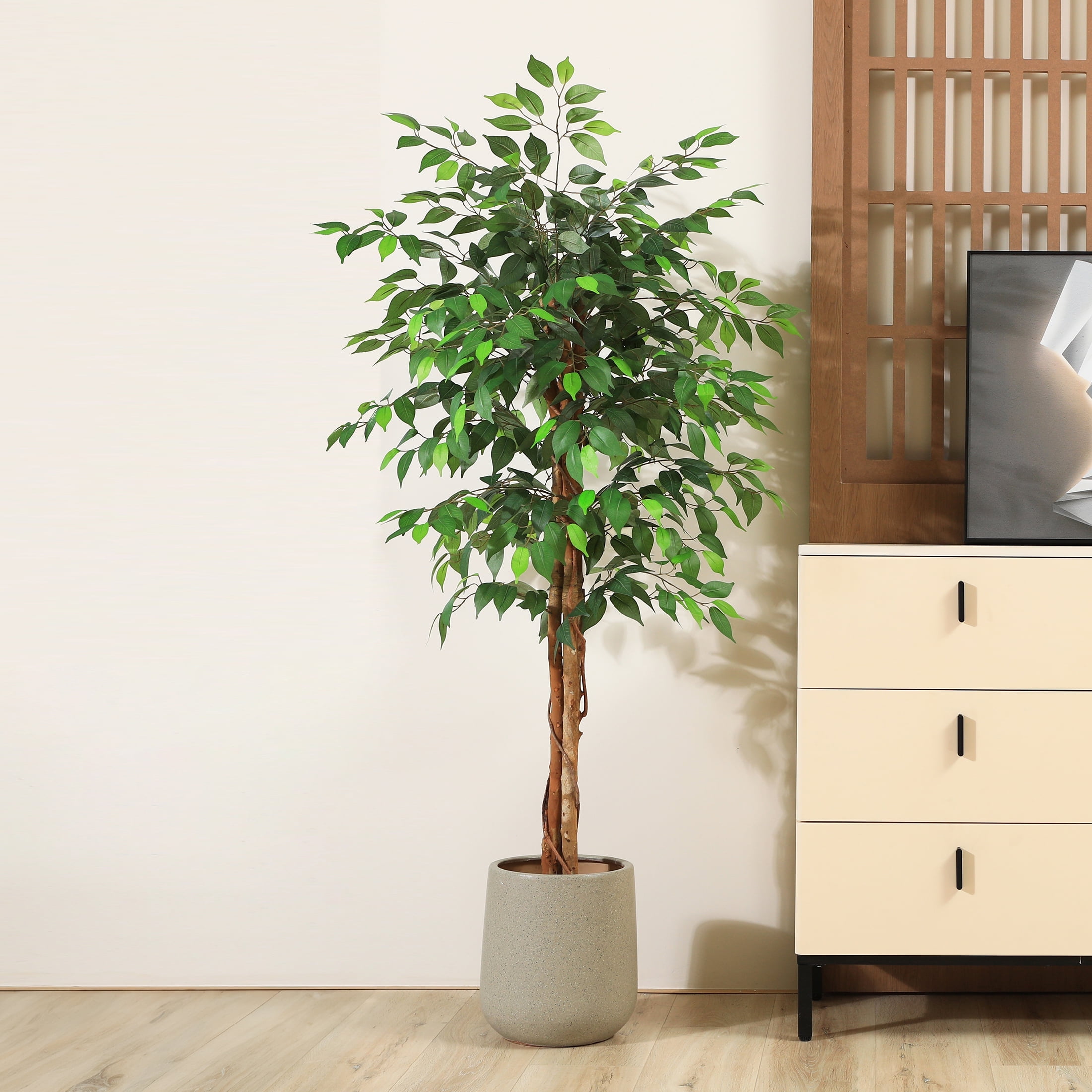 5ft Tall Artificial Ficus Tree with Natural Wood Trunk, Silk Faux Plant ...