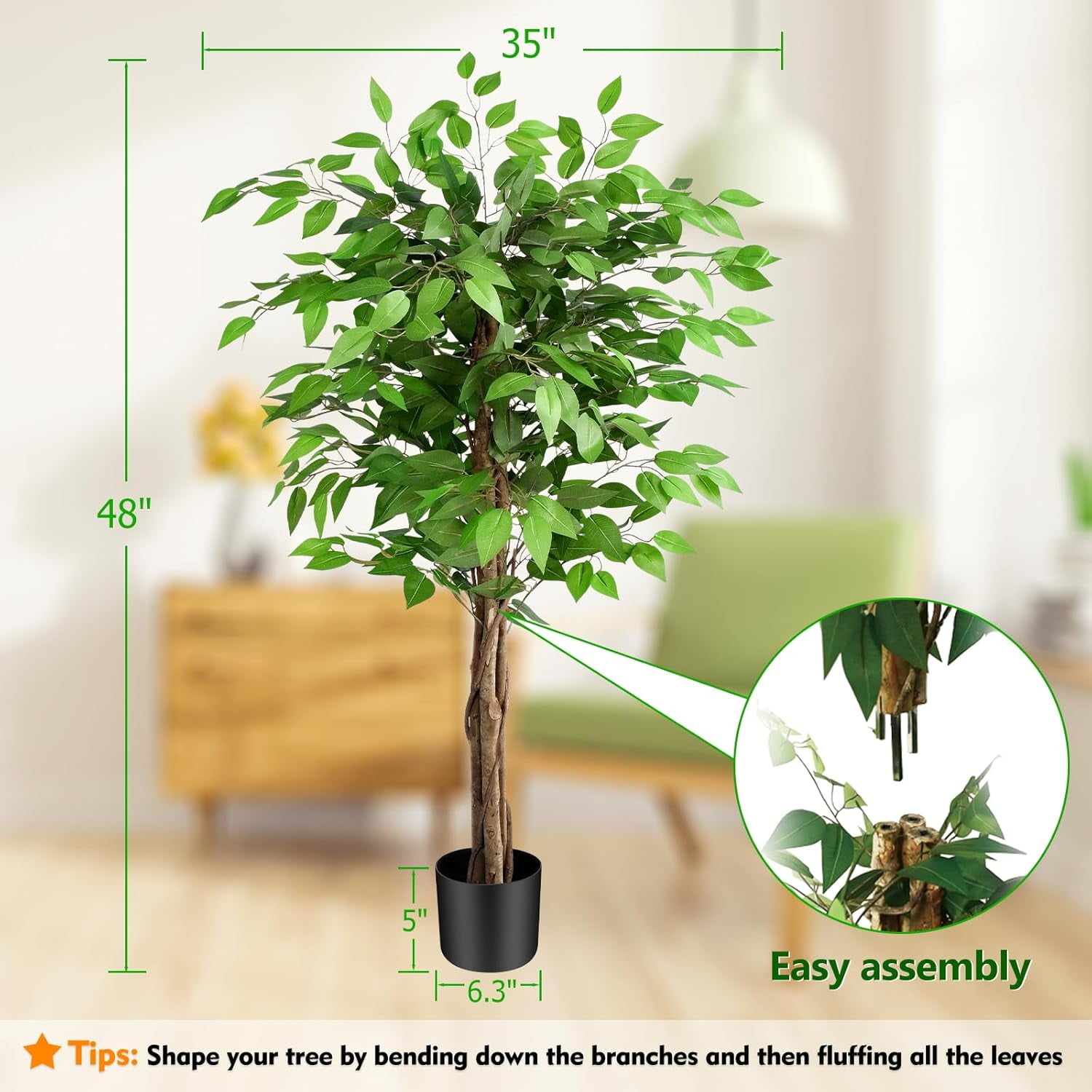 5ft Artificial Ficus Tree with Natural Curved Trunks, 60" Tall Faux ...