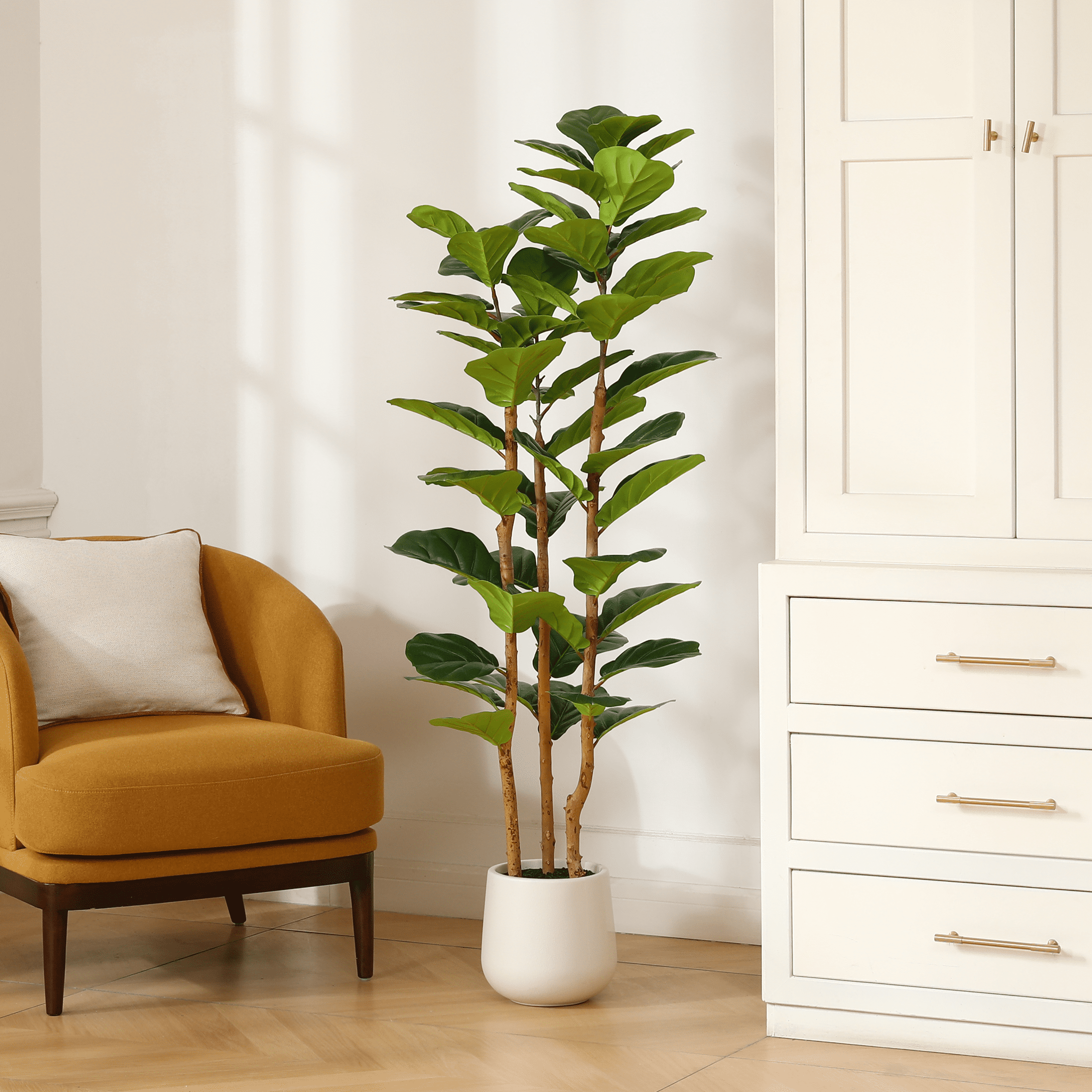 5ft Artificial Fiddle Leaf Fig Tree - Set of 3 Wooden Trunks in One Pot ...