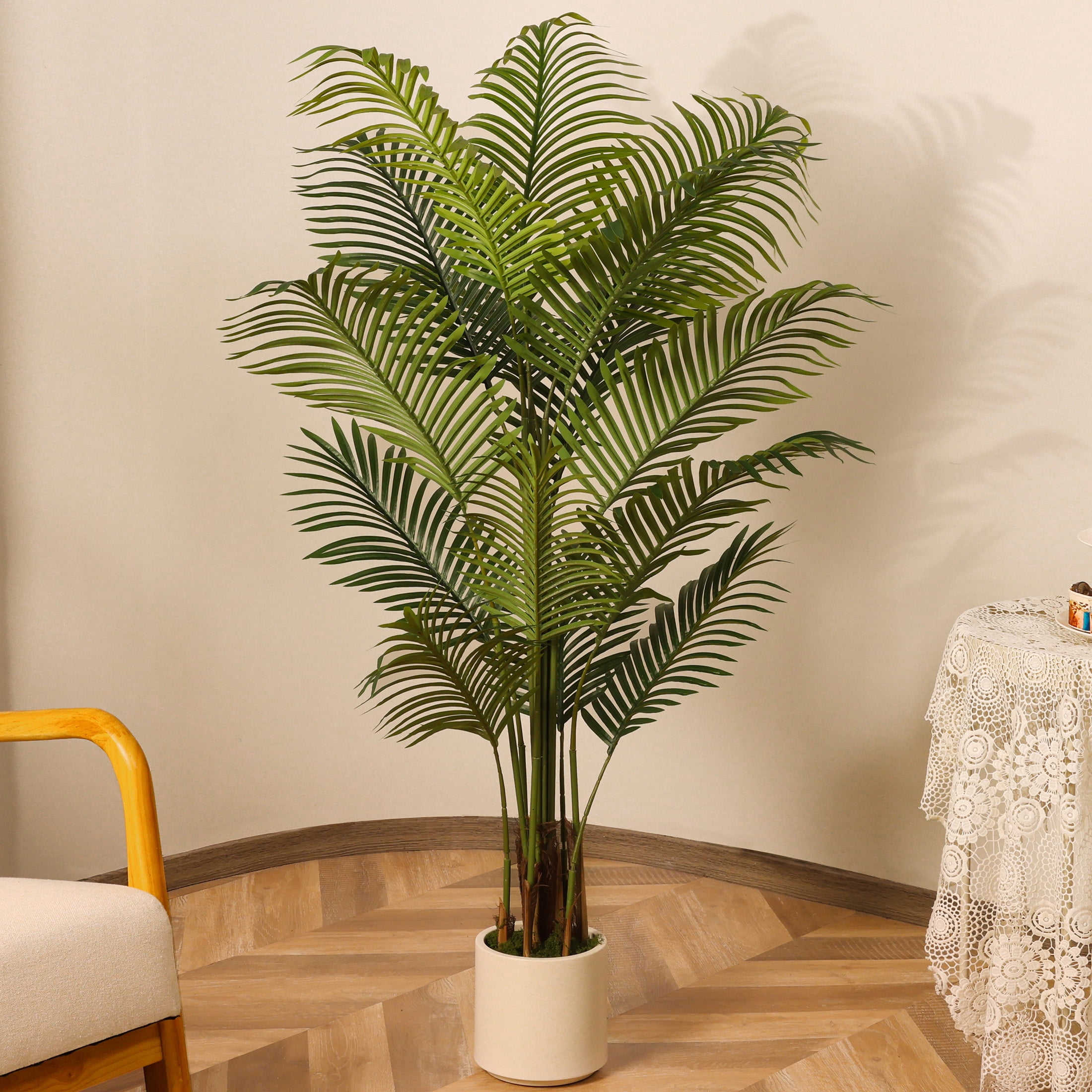 WOKERUI 5ft Artificial Palm Plant, White Planter, Faux Tree for Indoor ...
