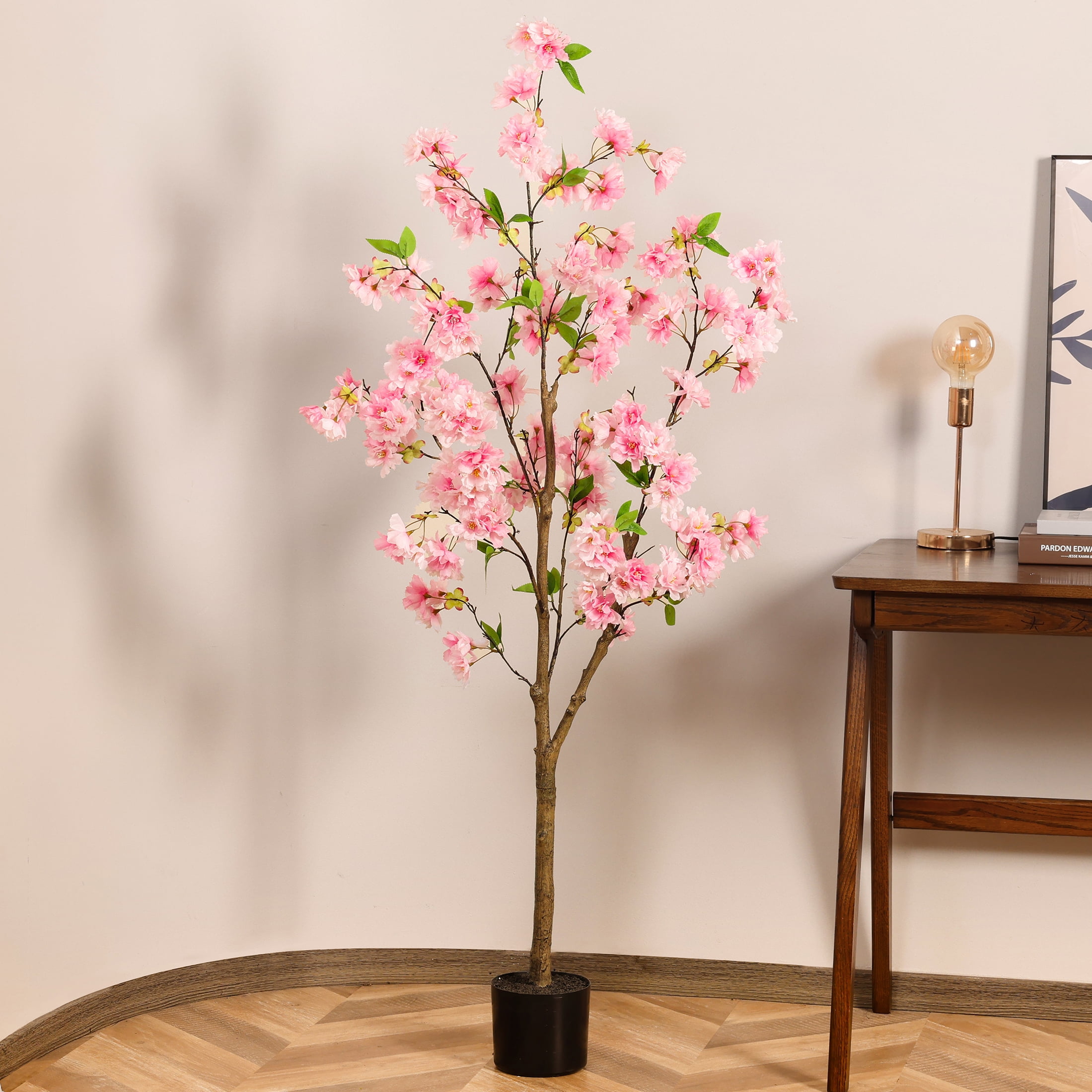 5ft Artificial Pink Cherry Blossom Tree in Black Pot, Faux Wishing Tree ...