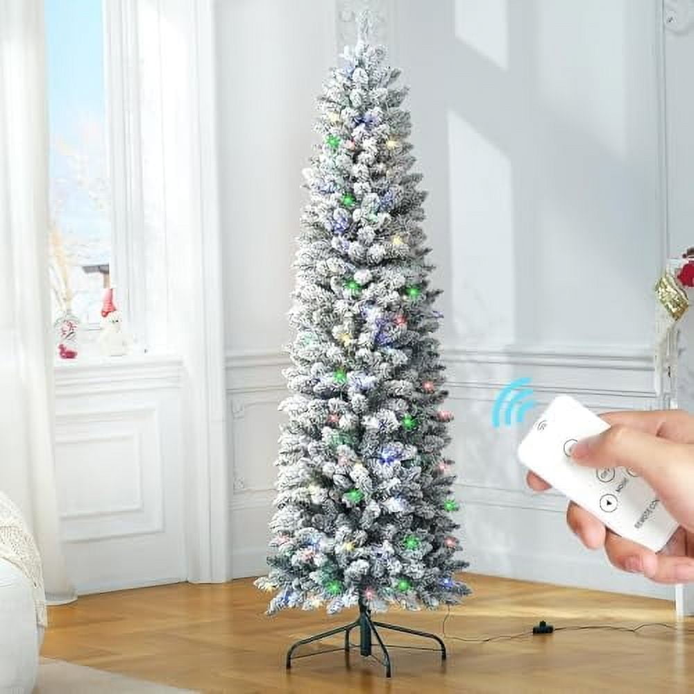5ft Christmas Tree with Remote,Snow Flocked Christmas Tree with 8 Modes ...