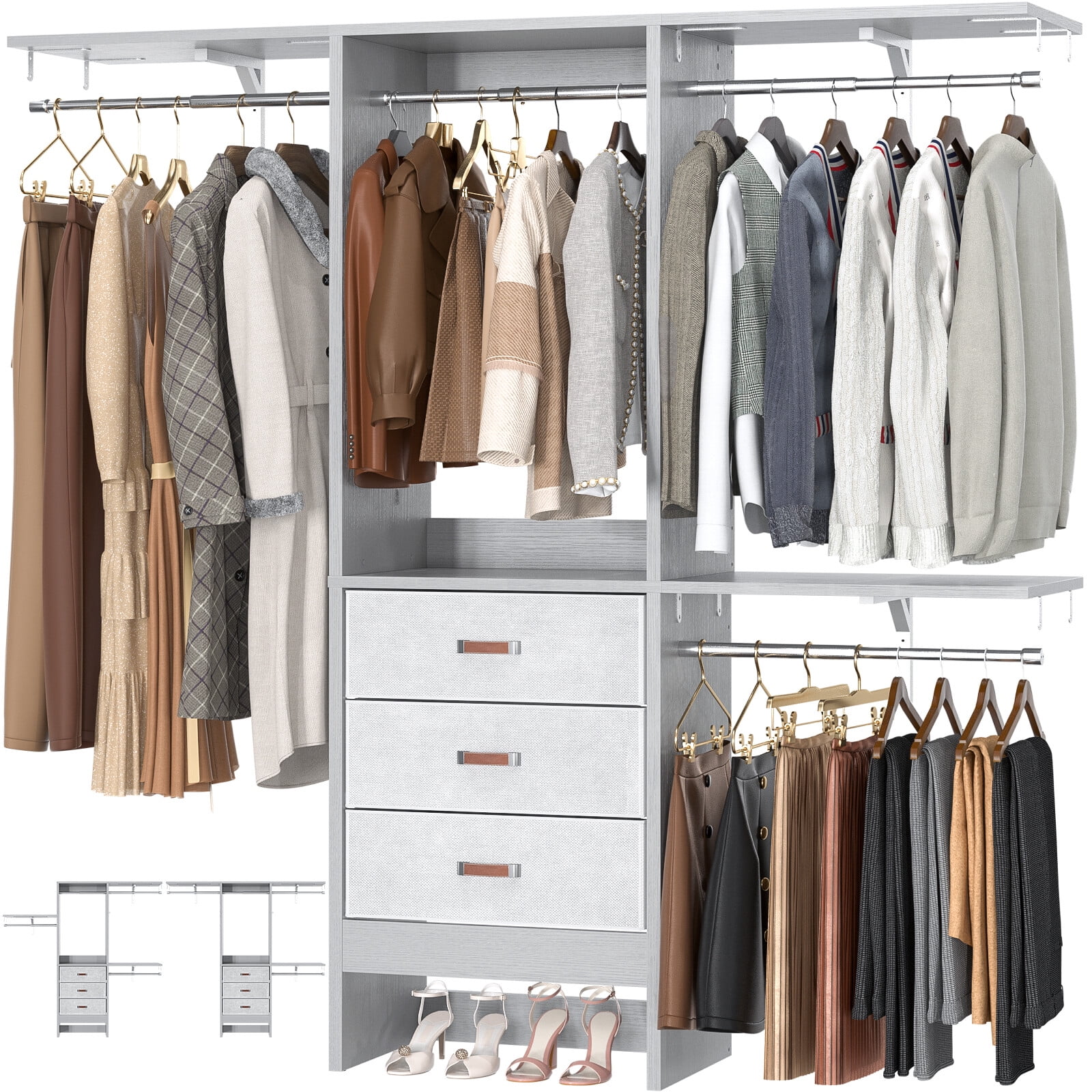 5ft Closet System with 3 Wooden Drawers, Closet Organizer System with ...