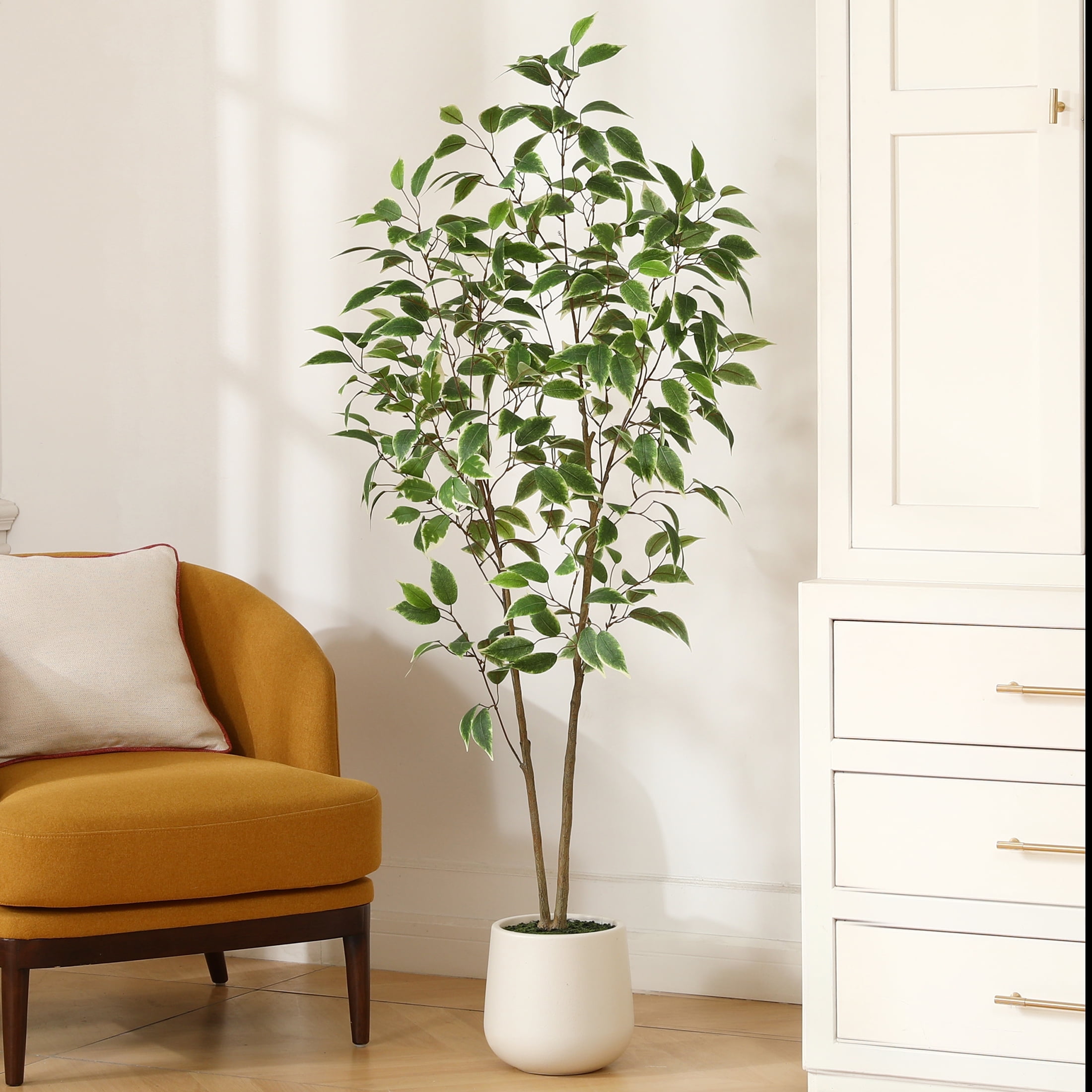 5ft Fake Ficus Tree with Oval White Planter, Pre Potted Faux Greenry ...