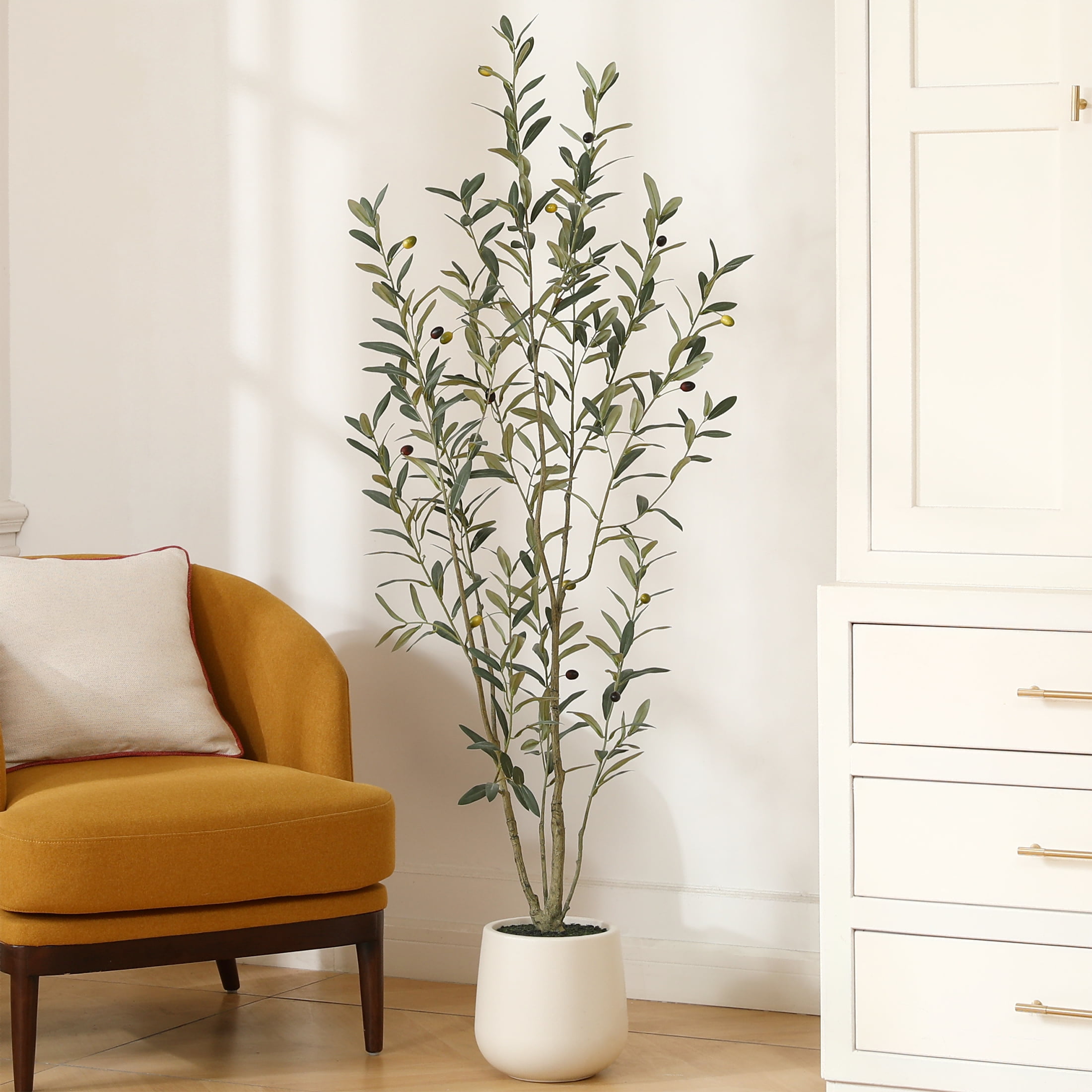 5ft Fake Plastic Olive Tree with Oval White Planter, Pre Potted Faux ...