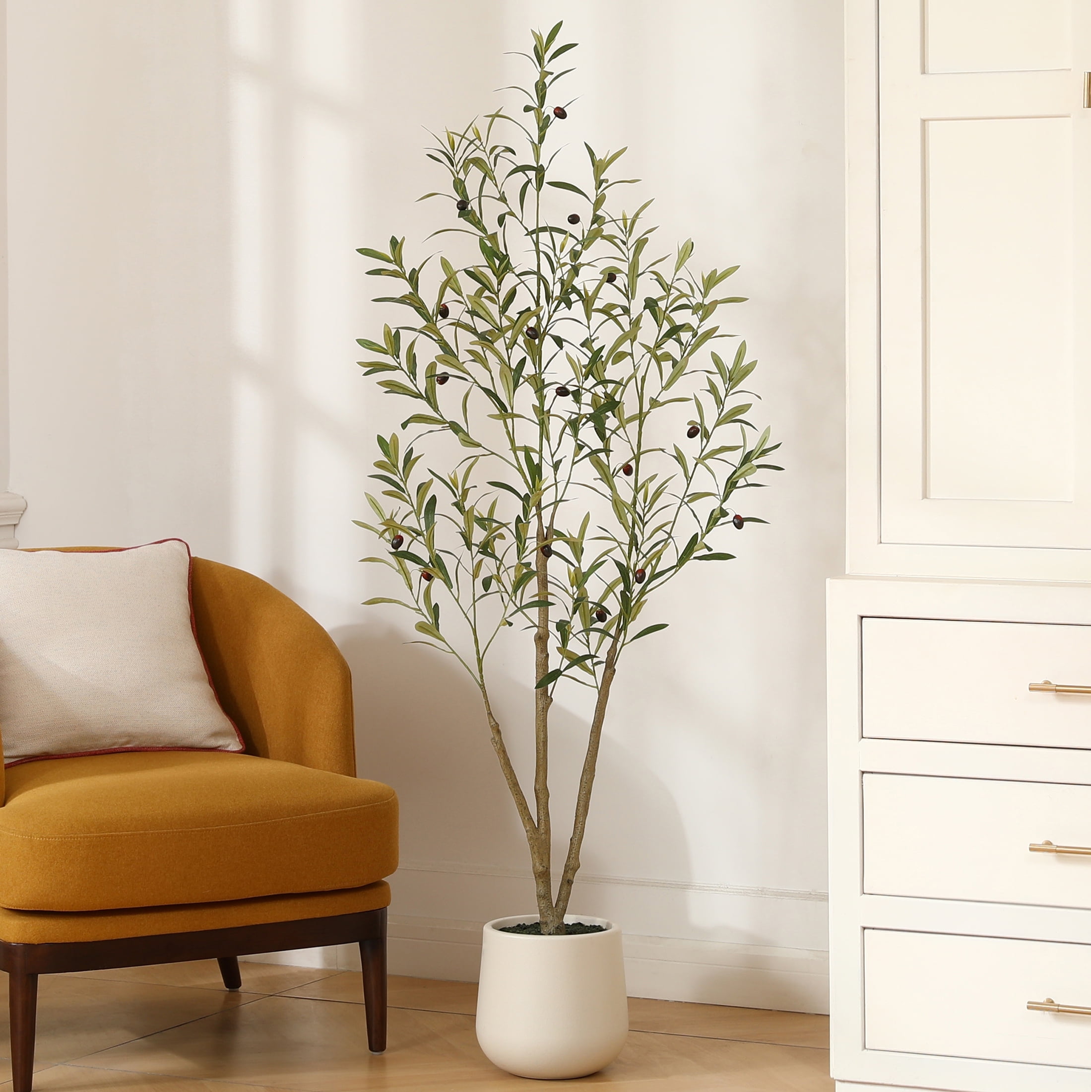 5ft Fake Plastic Olive Tree with Oval White Planter, Pre Potted Faux ...