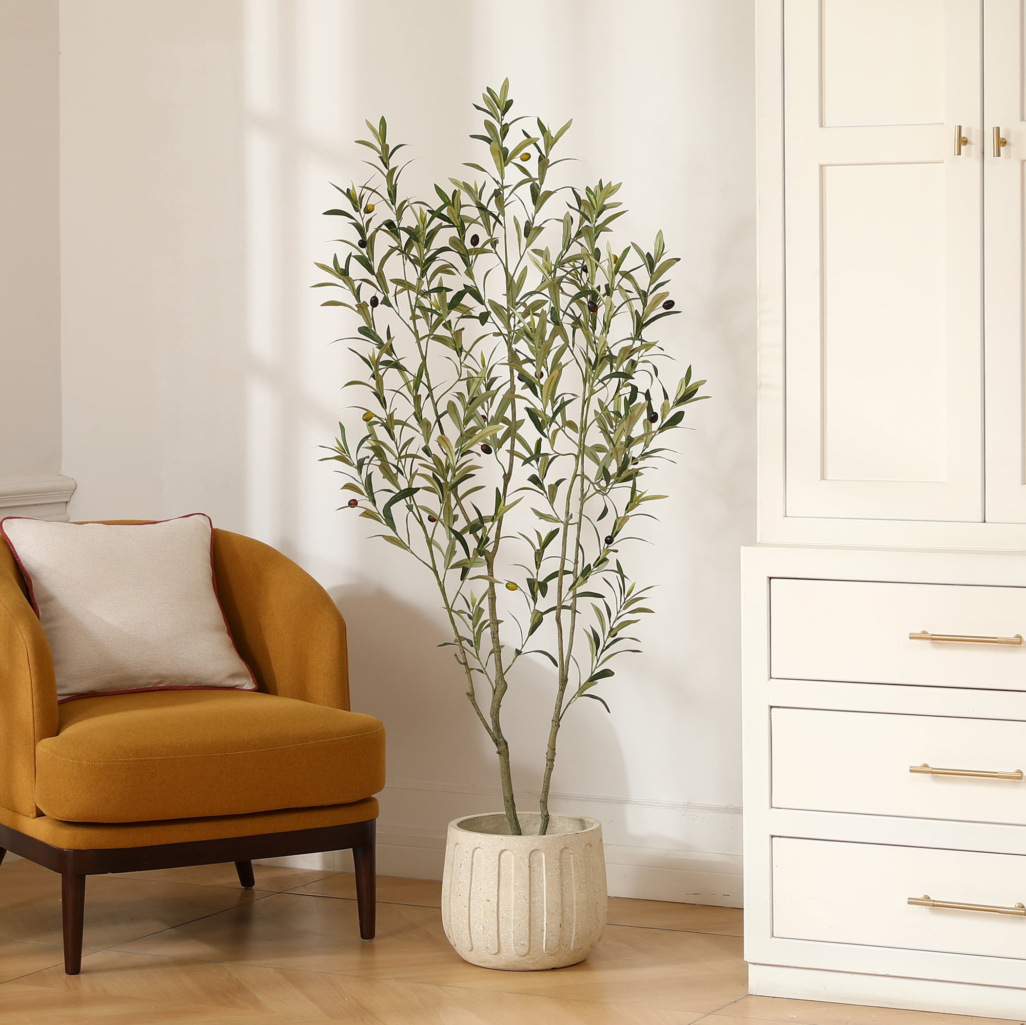 5ft Fake Plastic Olive Tree in Pot, Pre Potted Faux Greenry Plant for ...