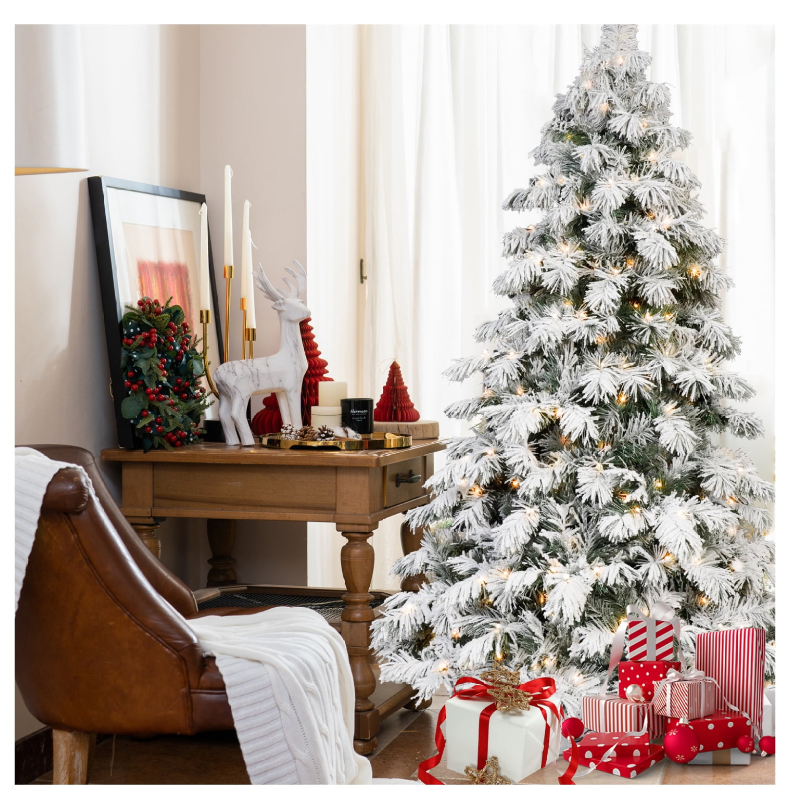 5ft Flocked Scarecrow-Shaped Christmas Tree with 200 Warm White LED ...