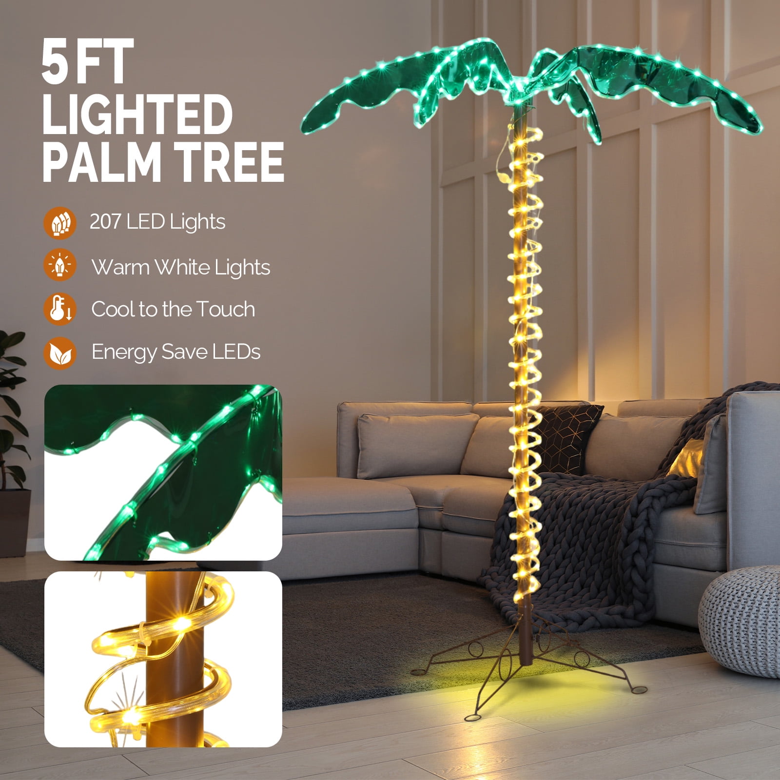 5ft Holographic LED Coconut Tree Lights: 207 Amber Lights, Green Leaves ...