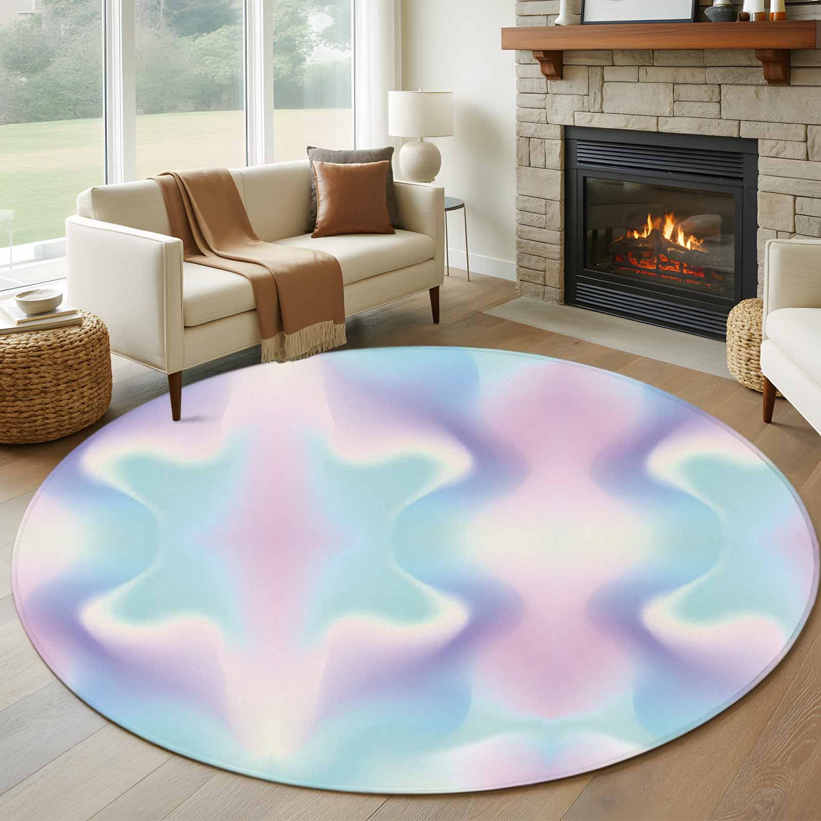 5ft Round Rug, Abstract Minimalistic, Non-Skid Rubber Backing Large ...
