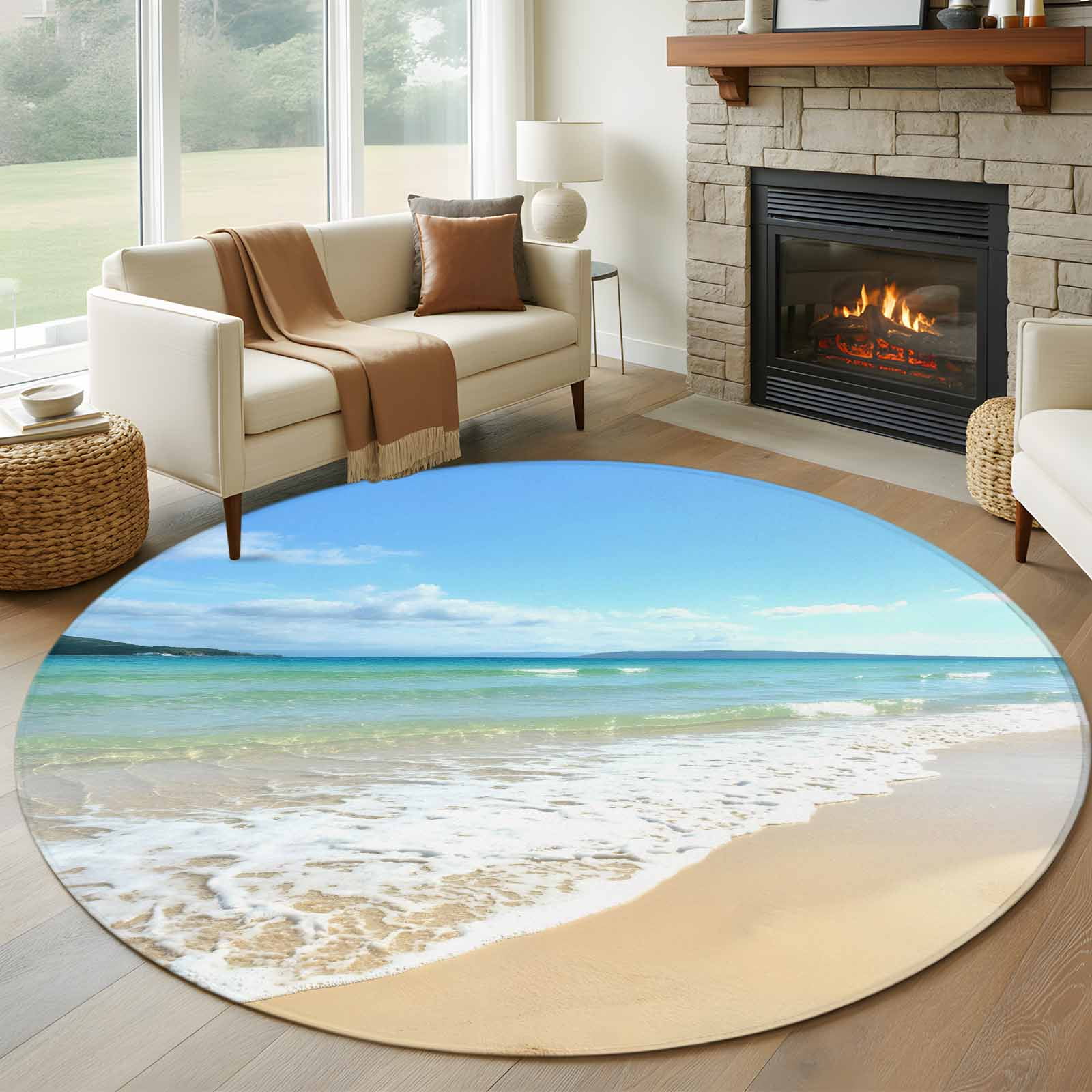 5ft Round Rug, Beach Ocean Non-Skid Rubber Backing Large Area Rugs ...