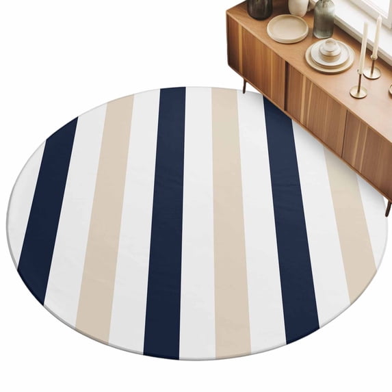 5ft Round Rug Beige Navy Blue Striped Area Rugs for Living Room Bedroom ...
