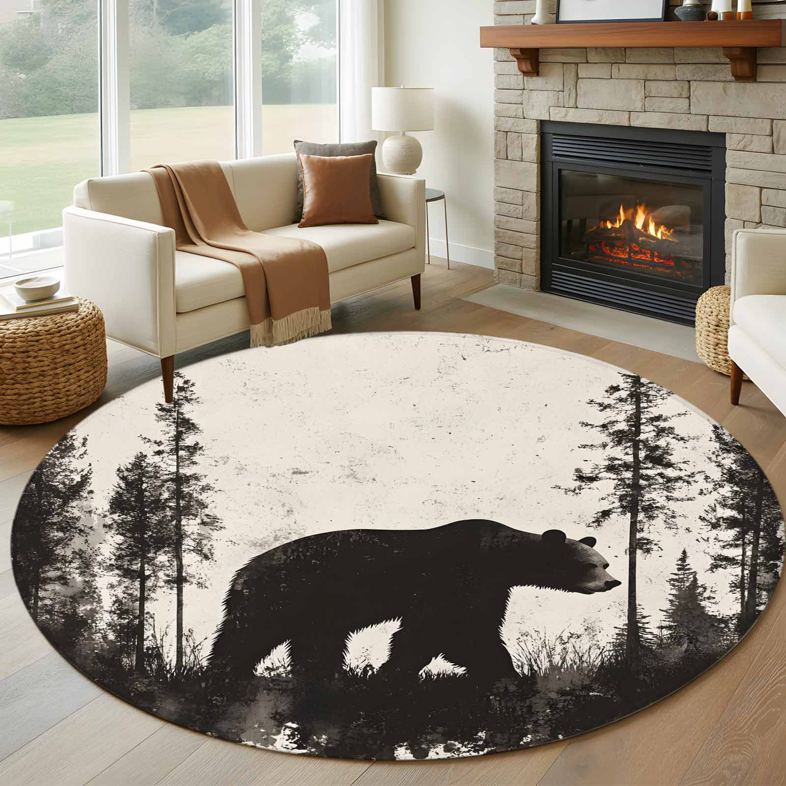 5ft Round Rug, Black Bear Non-Skid Rubber Backing Large Area Rugs ...