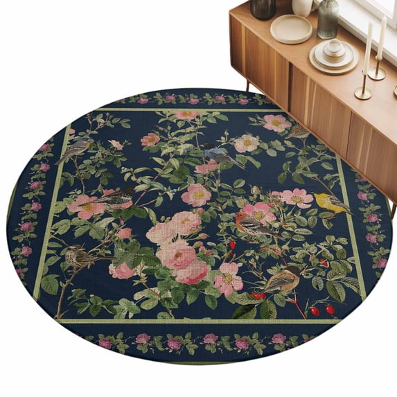 5ft Round Rug Black Flowers Area Rugs for Living Room Bedroom Washable ...