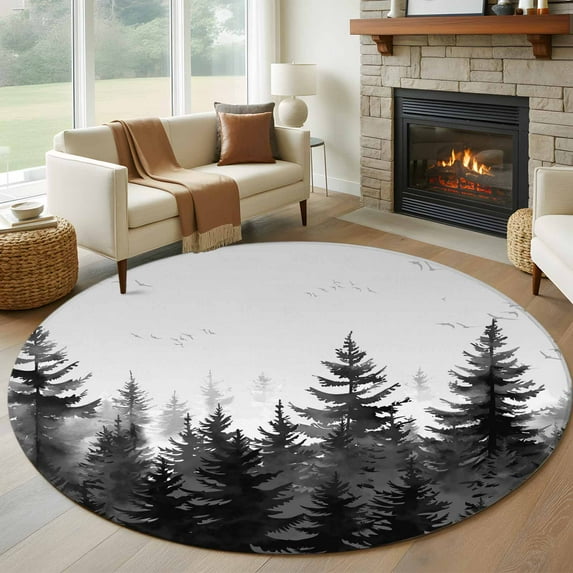 5ft Round Rug, Black Mist Forest Non-Skid Rubber Backing Large Area ...